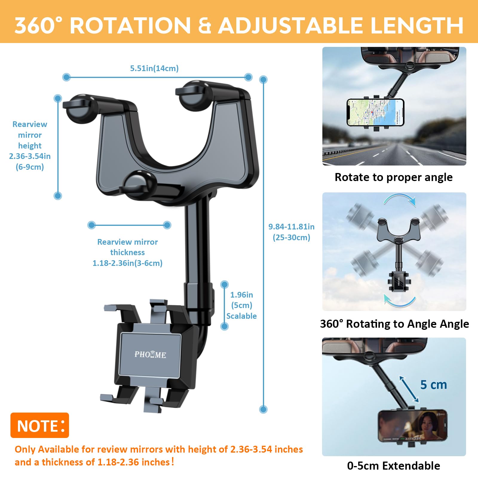TEAMSY 2023 Upgraded Rearview Mirror Phone Holder for Car, Rotatable and Retractable, 360 Rotation Design, Compatible with 3-7 Inch Smartphones