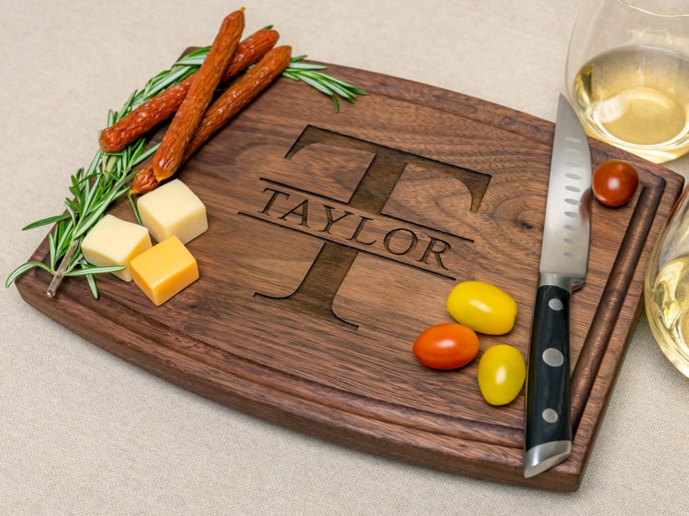Walnut Artisan Personalized Cutting Boards, Custom Anniversary or Housewarming Gift Idea, Wood Engraved Charcuterie Board for Couples and Newlyweds, Initial Design 050