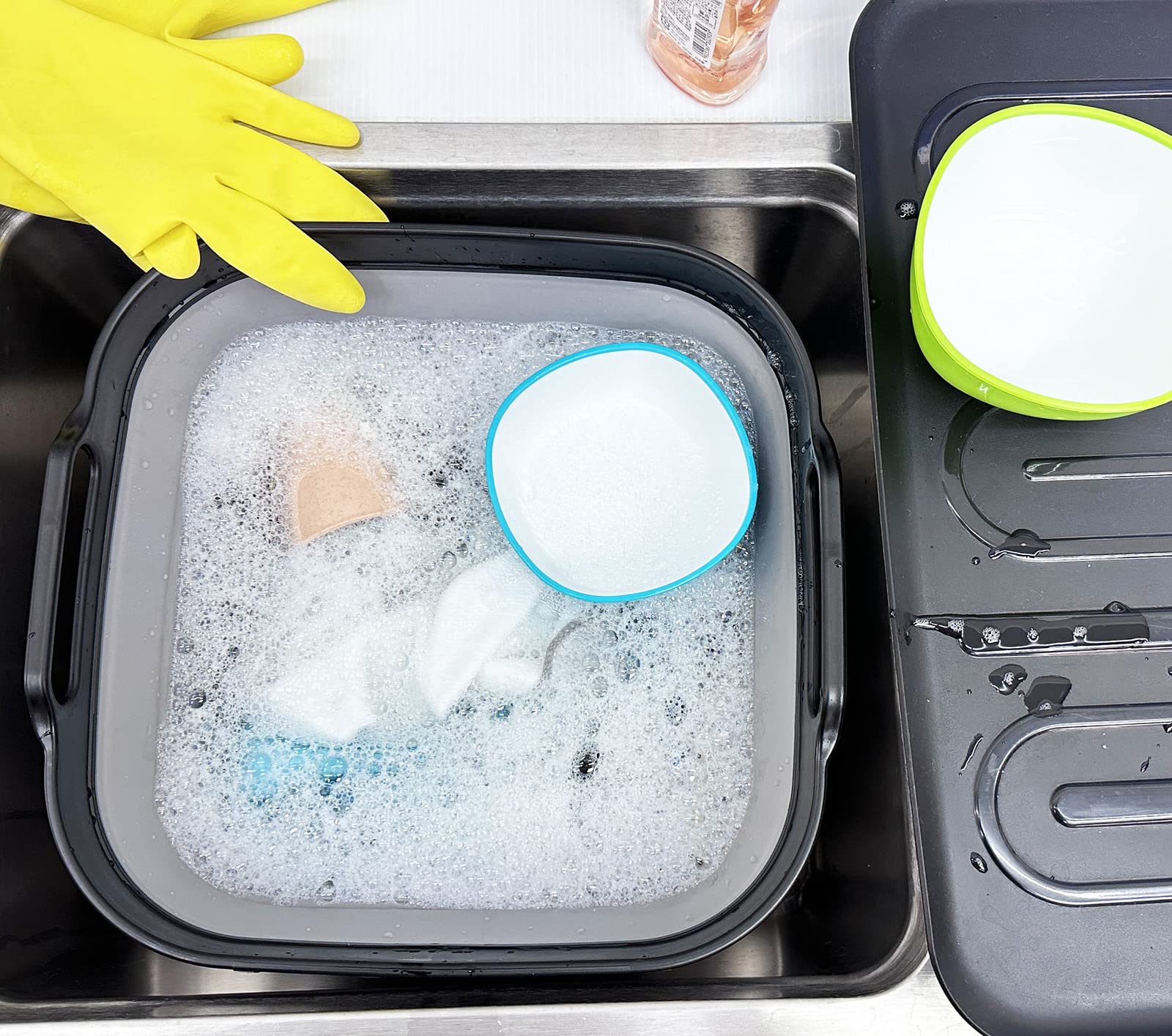 SAMMART 10L (2.64 Gallon) Collapsible Dishpan with Draining Plug - Foldable Washing Basin - Portable Dish Washing Tub - Space Saving Kitchen Storage Tray (Black/Alloy Grey)