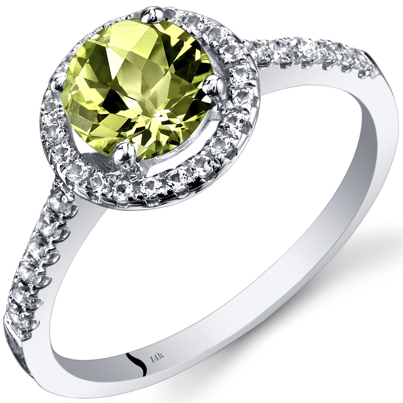 PEORA Peridot Ring for Women 14K White Gold with White Topaz, Genuine Gemstone Birthstone, 1 Carat Round Shape 6.5mm, Halo Design, Size 7 - August Birthstone Gift, Real Peridot Jewelry