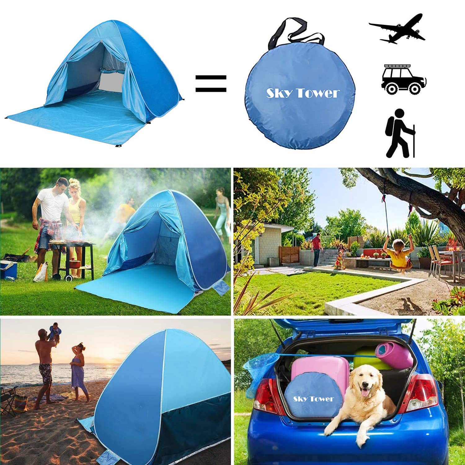 Sky Tower Automatic Pop Up Portable Outdoors Family Beach 1-3 Persons Tent Quick Cabana Sun UV Protection Shelter UPF 50+ (Large)