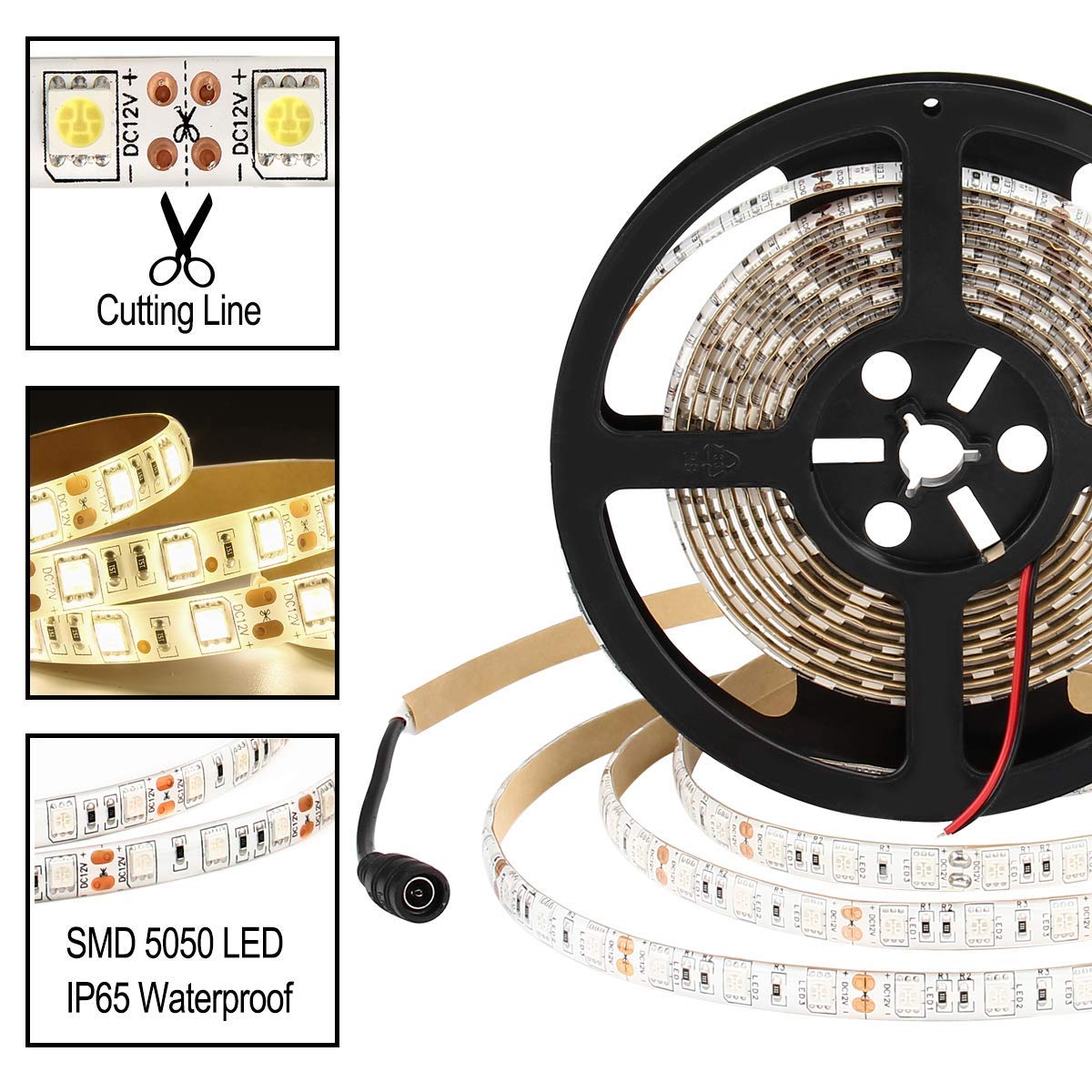 SUPERNIGHT LED Light Strip Warm White, 4000K Temperature, IP65 Waterproof 16.4ft 300leds SMD 5050 Rope Lights LED Light Strip Dimmer, DC 12V-24V 30A PWM Dimming Controller for Dimmer Knob