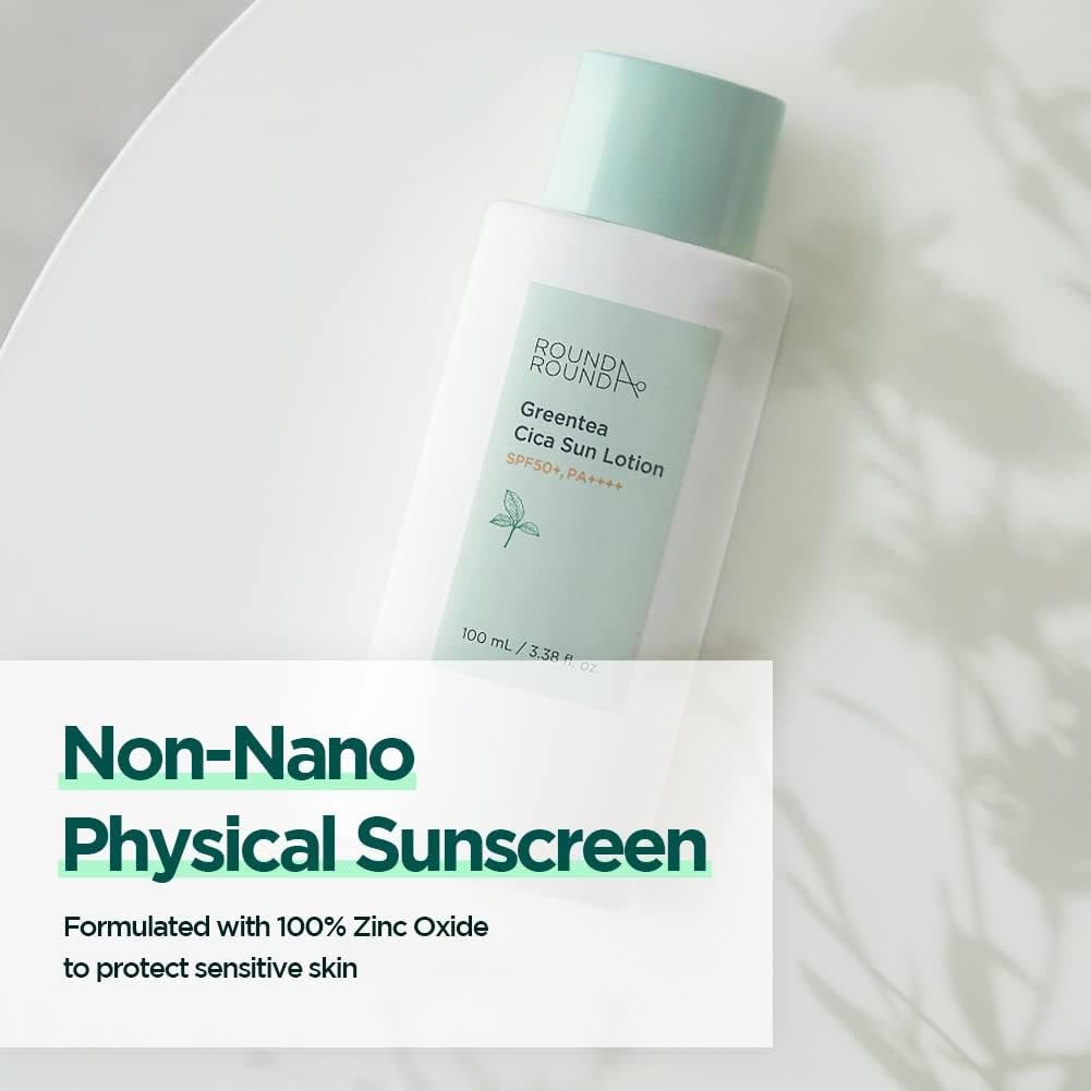 ROUND A'ROUND Green Tea Cica Sun Lotion SPF 50 (3.38 oz, 100ml) | Reef Safe, Daily, UV Protection, No White Cast, Moisturizing, Soothing, Weightless Sunscreen