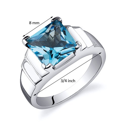 PEORA Swiss Blue Topaz Ring in Sterling Silver, Designer Tiered Solitaire, 2.75 Carats Princess Cut, 7mm, Comfort Fit, Size 8