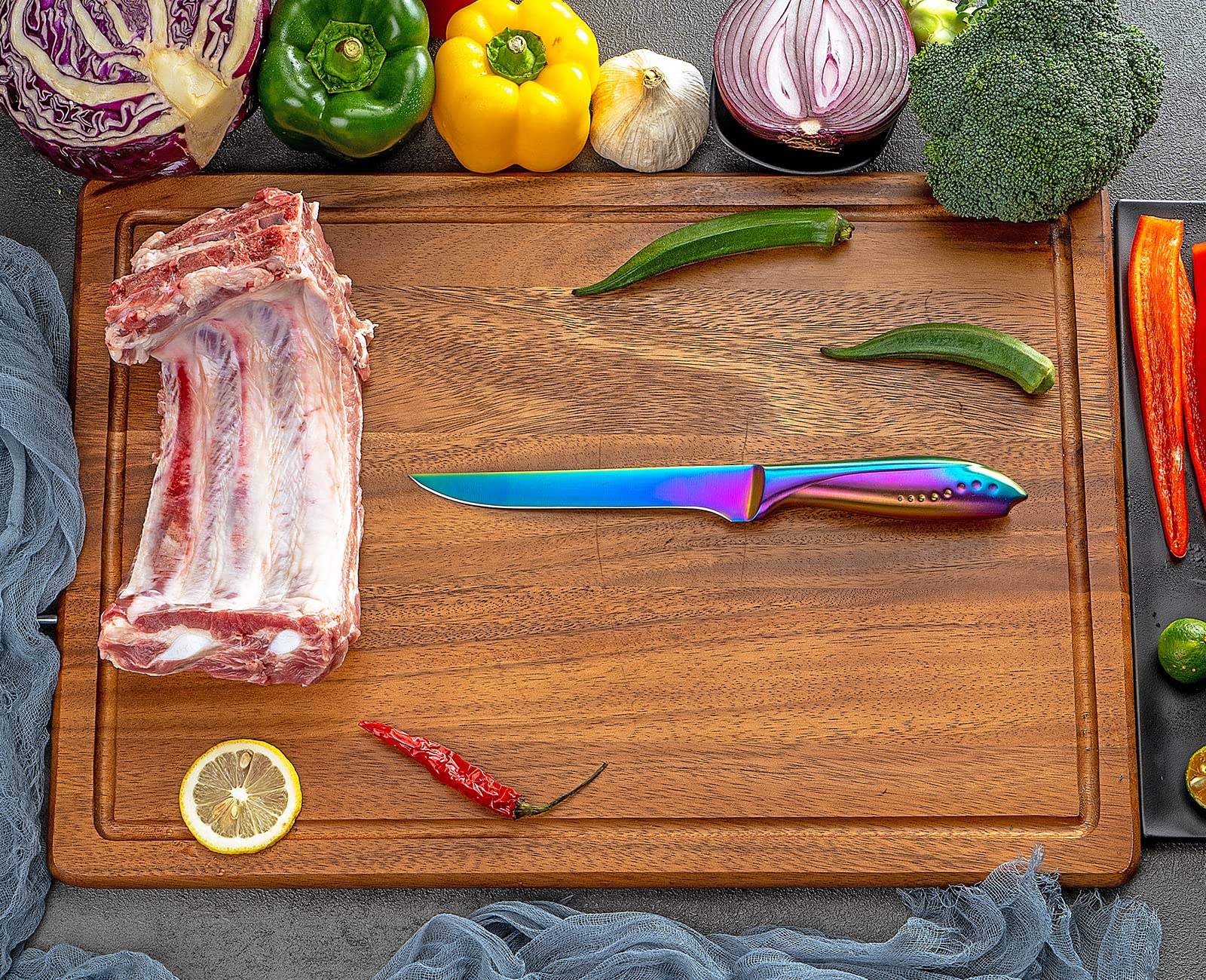 WELLSTAR Boning Knife 6 Inch, Razor Sharp German Steel Fillet Knife for Trimming Brisket/Rib/Steak/Meat, Deboning Chicken, Processing Fish/Game Meat, Rainbow Titanium Coating, Strong Durable Handle