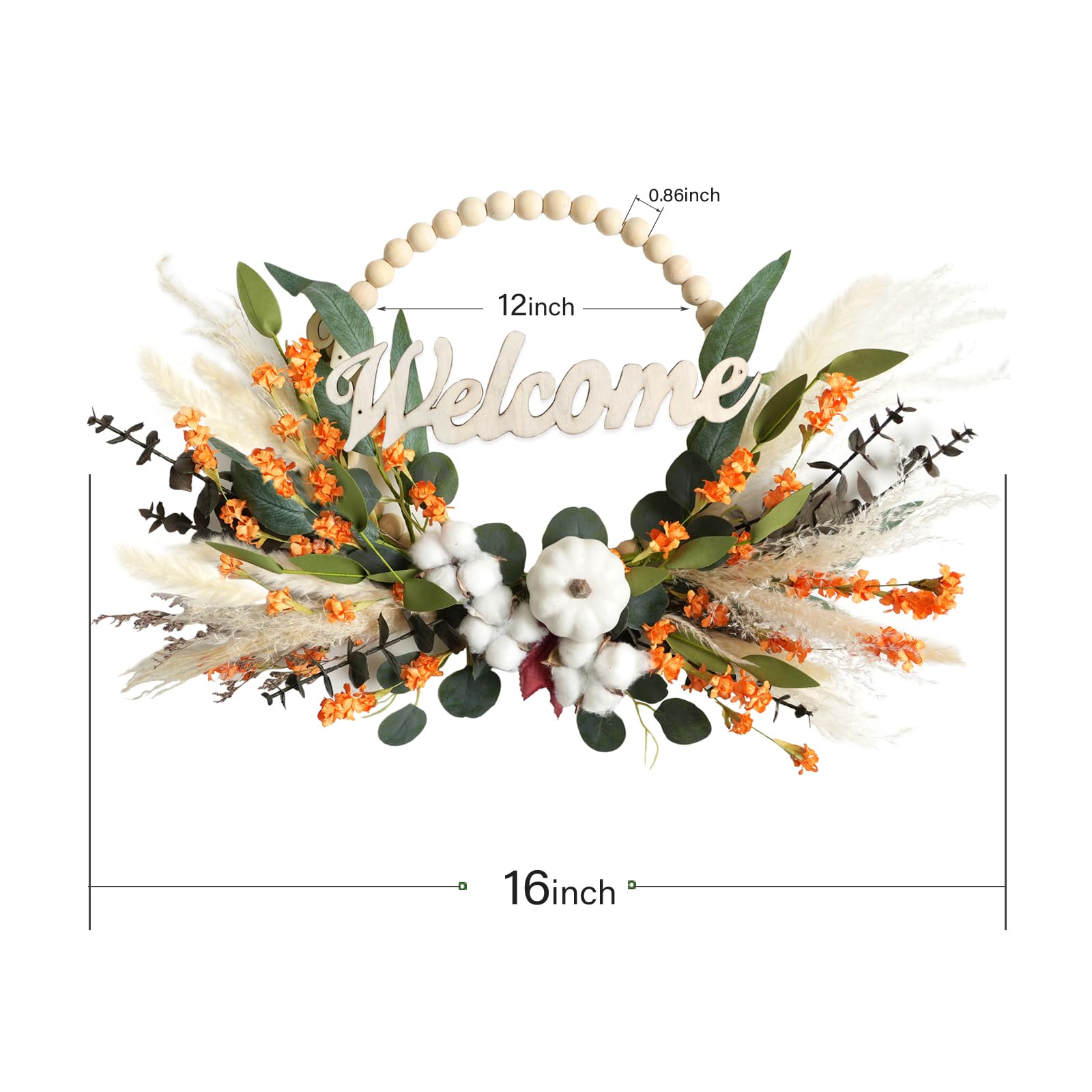 TEMPUS 16" Spring Wooden Bead Wreath Forsythia Pumpkin Wreath with Welcome Sign for Front Door Decorations Farmhouse Decorations