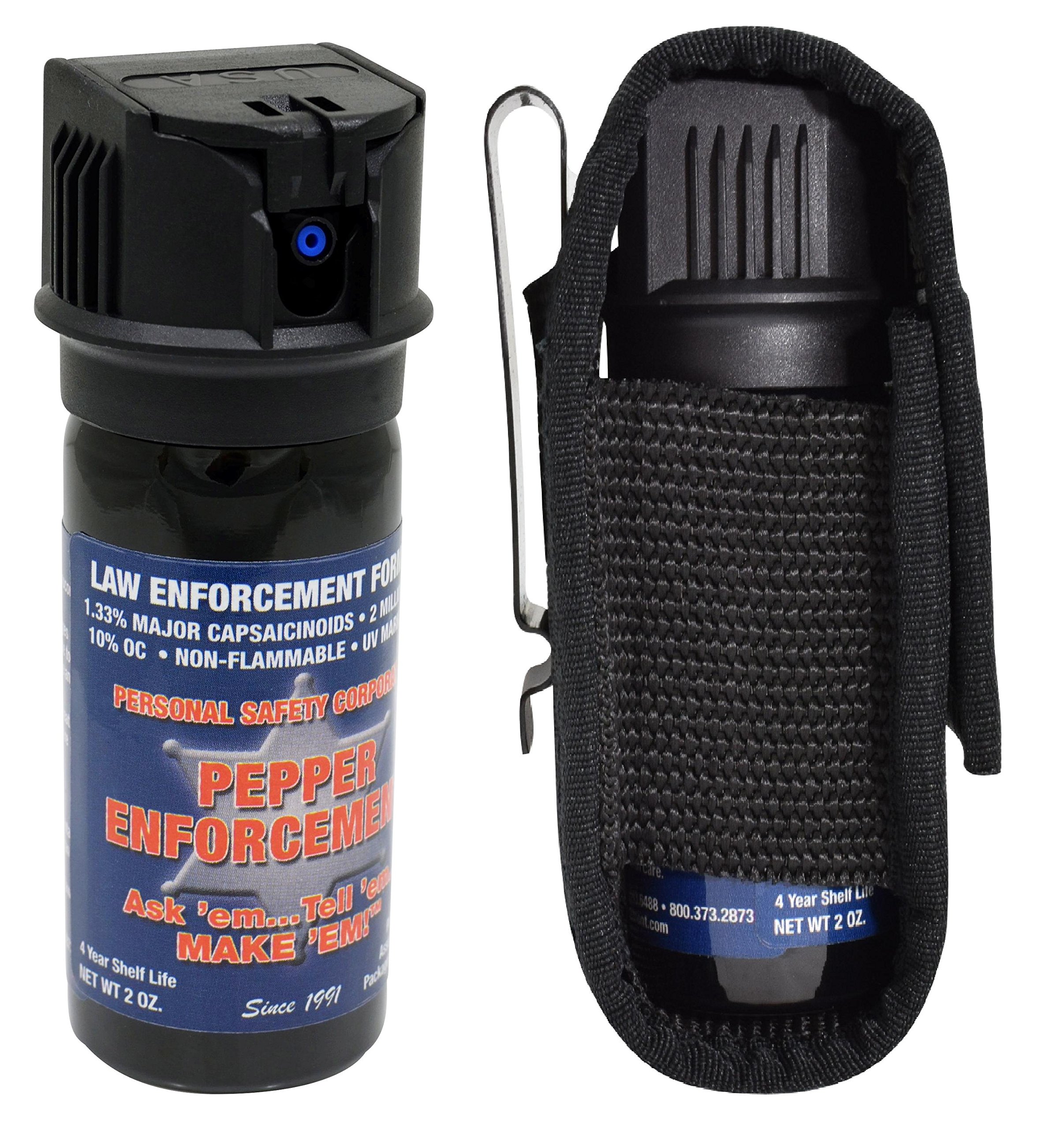 Pepper Enforcement 2 oz. Splatter Stream Pepper Spray with Belt Clip Holster - Maximum Strength 10% OC Police Formula with Marking Dye - Emergency Self Defense Personal Protection