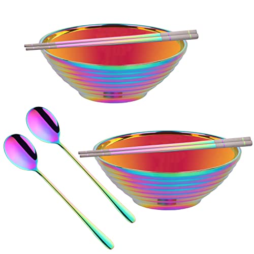 TUPMFG Ramen Noodle Bowl Sets: Stainless Steel Korean Bowls Large Metal Pho Soup Bowl with Chopsticks and Spoons Rainbow 2PCS