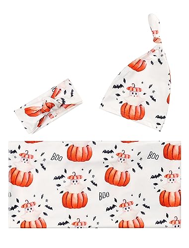 Terriboo Halloween Swaddle and Headband Beanie Sets Baby Receiving Blanket Newborn Wrap Sack (Halloween 1)