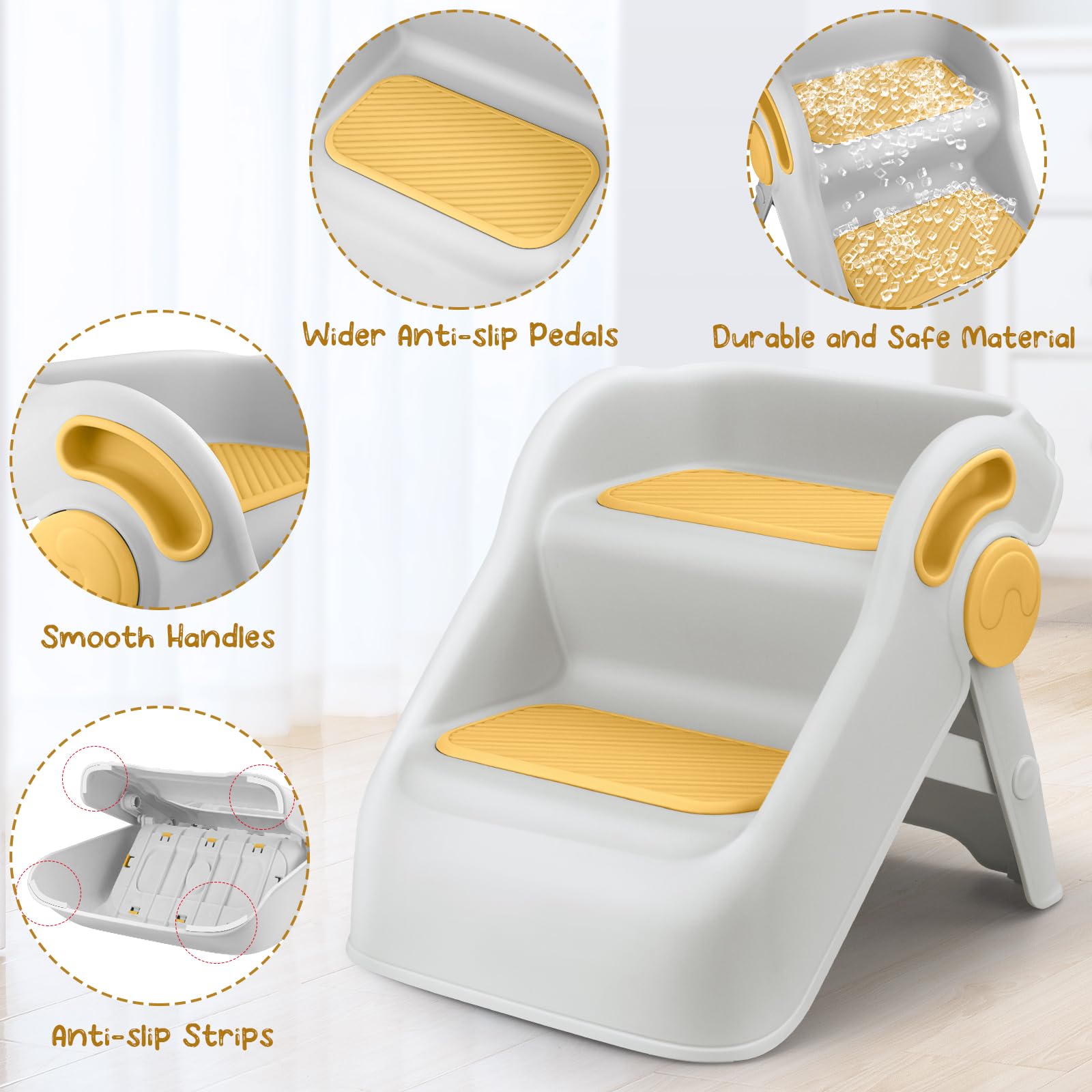 Step Stool for Kids, Foldable Anti-Slip 2-Step Stool for Toilet Potty Training, Sturdy Child Step Stool with Handles to Reach Kitchen Counter, Bathroom Sink, and Toddler Bed, White and Orange
