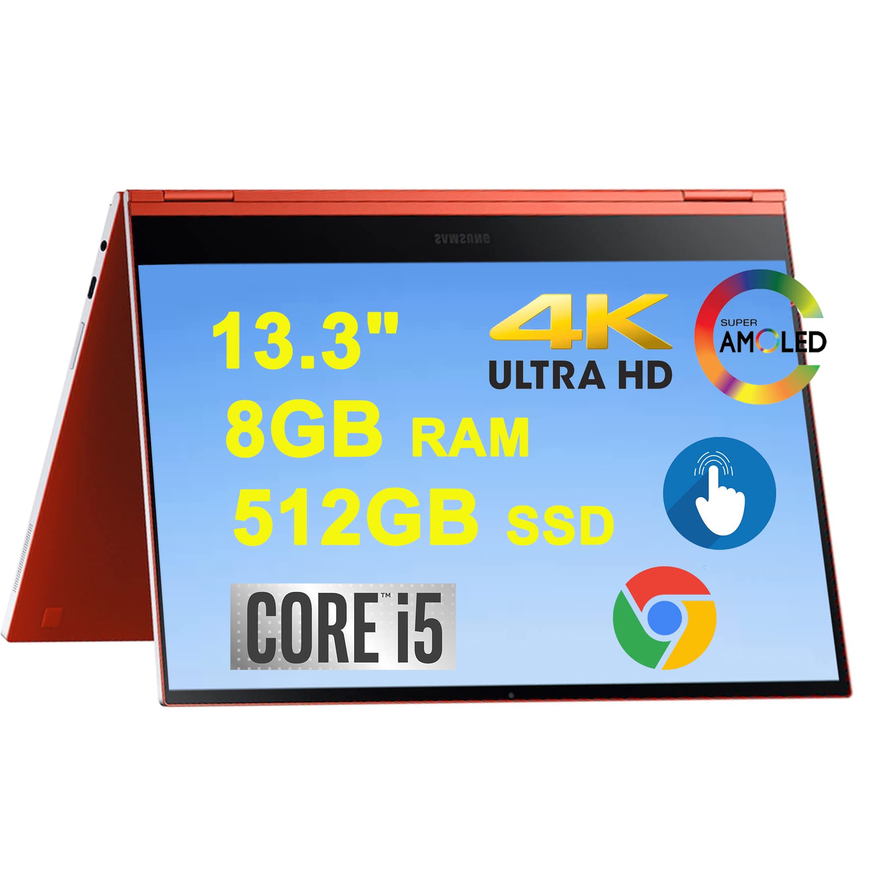 Samsung Galaxy ChromeBook 13 Laptop 13.3" 4K UHD AMOLED Touchscreen (100% Adobe RGB, 100% DCI-P3) Intel Quad-Core i5 Processor 8GB RAM 512GB SSD Backlit Fingerprint USB-C ChromeOS Fiesta Red