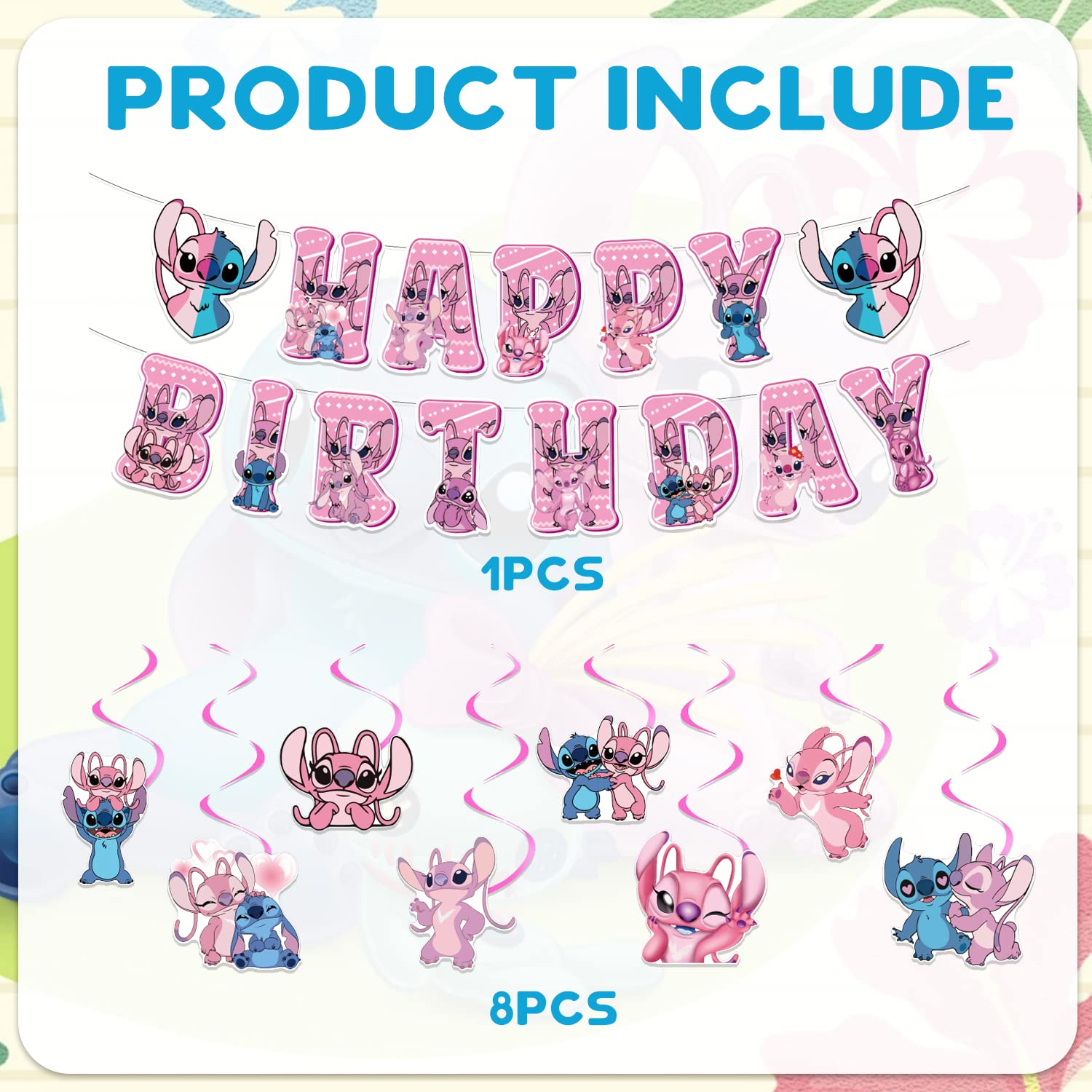 Stitch Birthday Decorations Stitch Pink Happy Birthday Banner Hanging Swirls for Birthday Party Supplies
