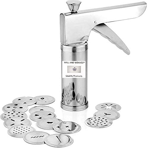 Will and Weaves Stainless Steel Kitchen Press with 15 Different Types of Jalies, Makhani Murruku Maker/Bhujiya Maker/Noodles/Cookies/chakli/Namkeen/Murukku/Sev Maker