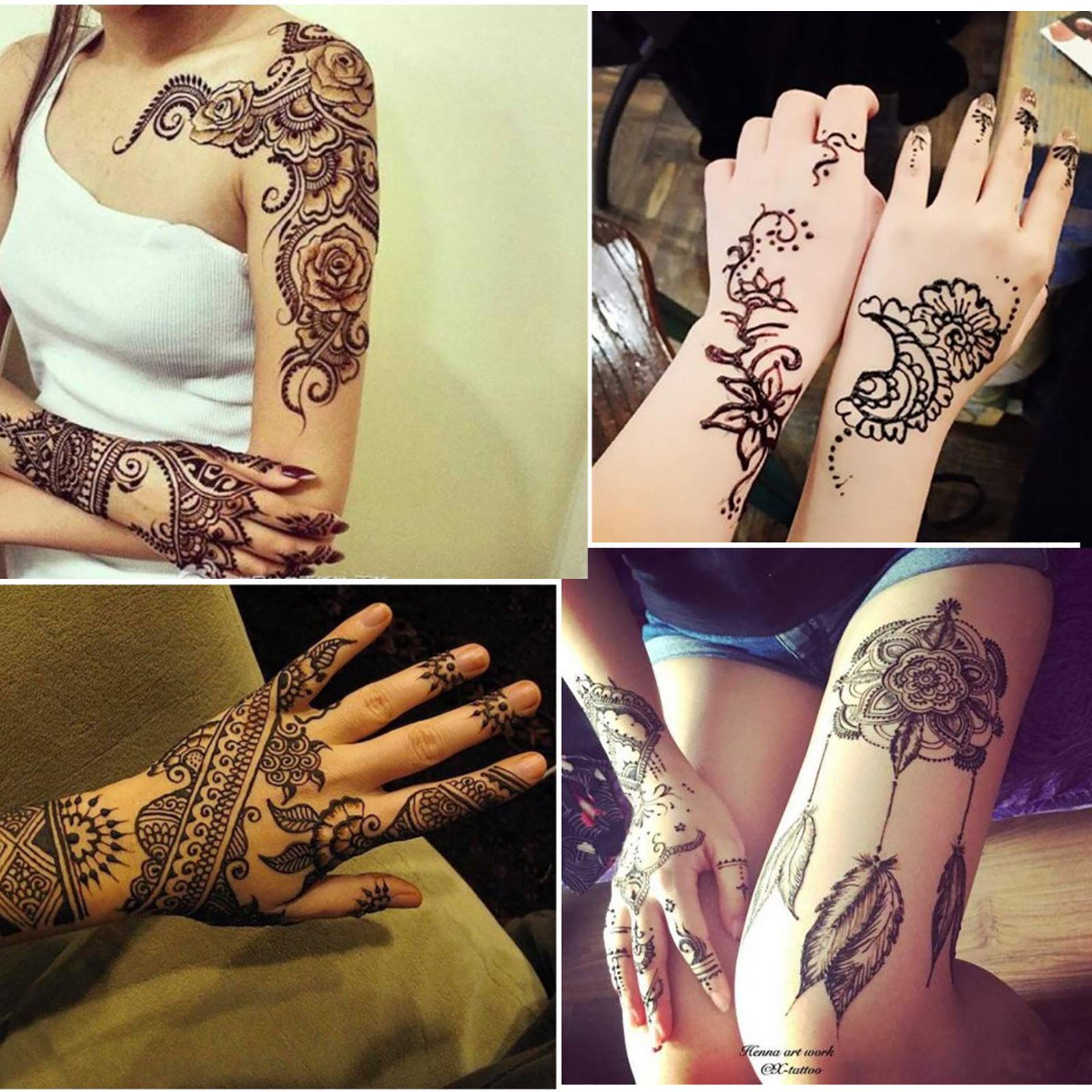 Temporary Tattoos Kit, 4Pcs Semi Permanent Tattoo Paste Cones, India Body DIY Art Painting for Women Men Kids, Summer Trend Freehand Plaste with 3 Colors,20Pcs Adhesive Stencil,1Pc Bottle,4Pcs Nozzles