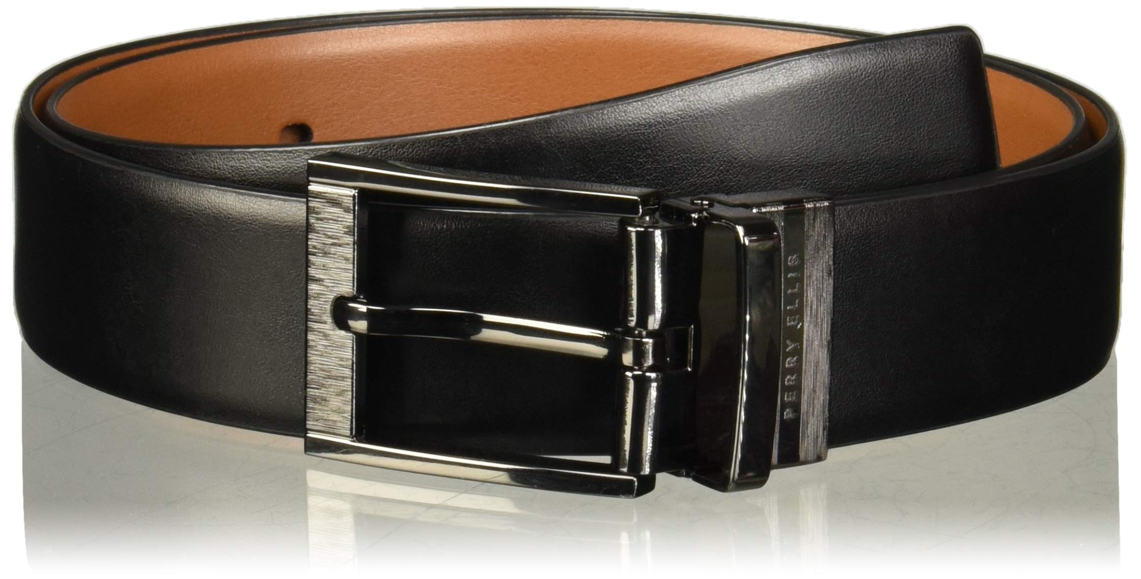 Perry Ellis Portfolio Feather Edge Leather Men's Belt, Reversible with Etched Buckle, Soft Touch Material (Sizes 30-54 Inches Big & Tall), Black / Brown Reversible, 36