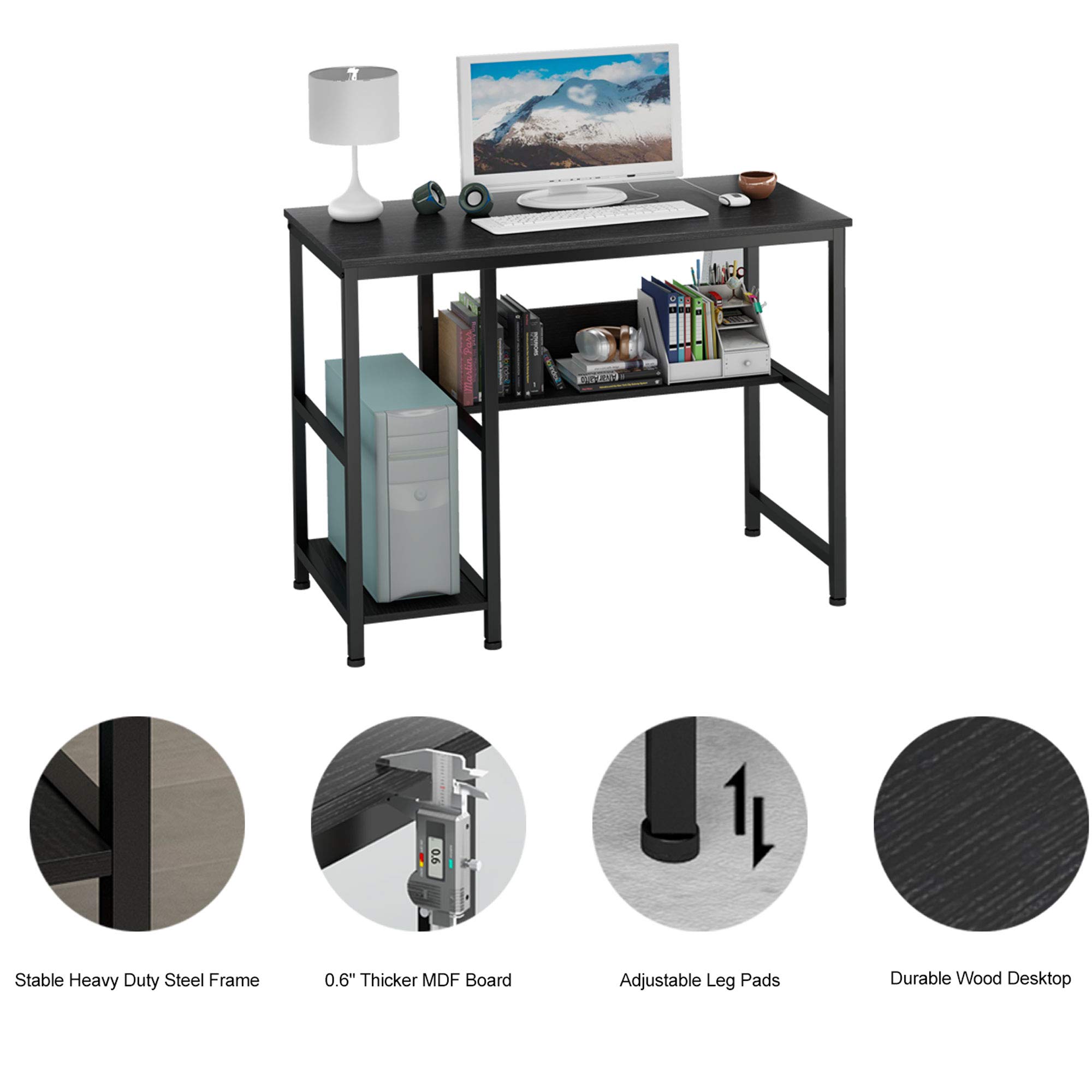 Ruitta Writing Computer Desk with Shelves, Sturdy Home Office Desk, Writing Desk Study Desk for Small Spaces, Easy Assemble, Stable Metal Frame (39", Black)