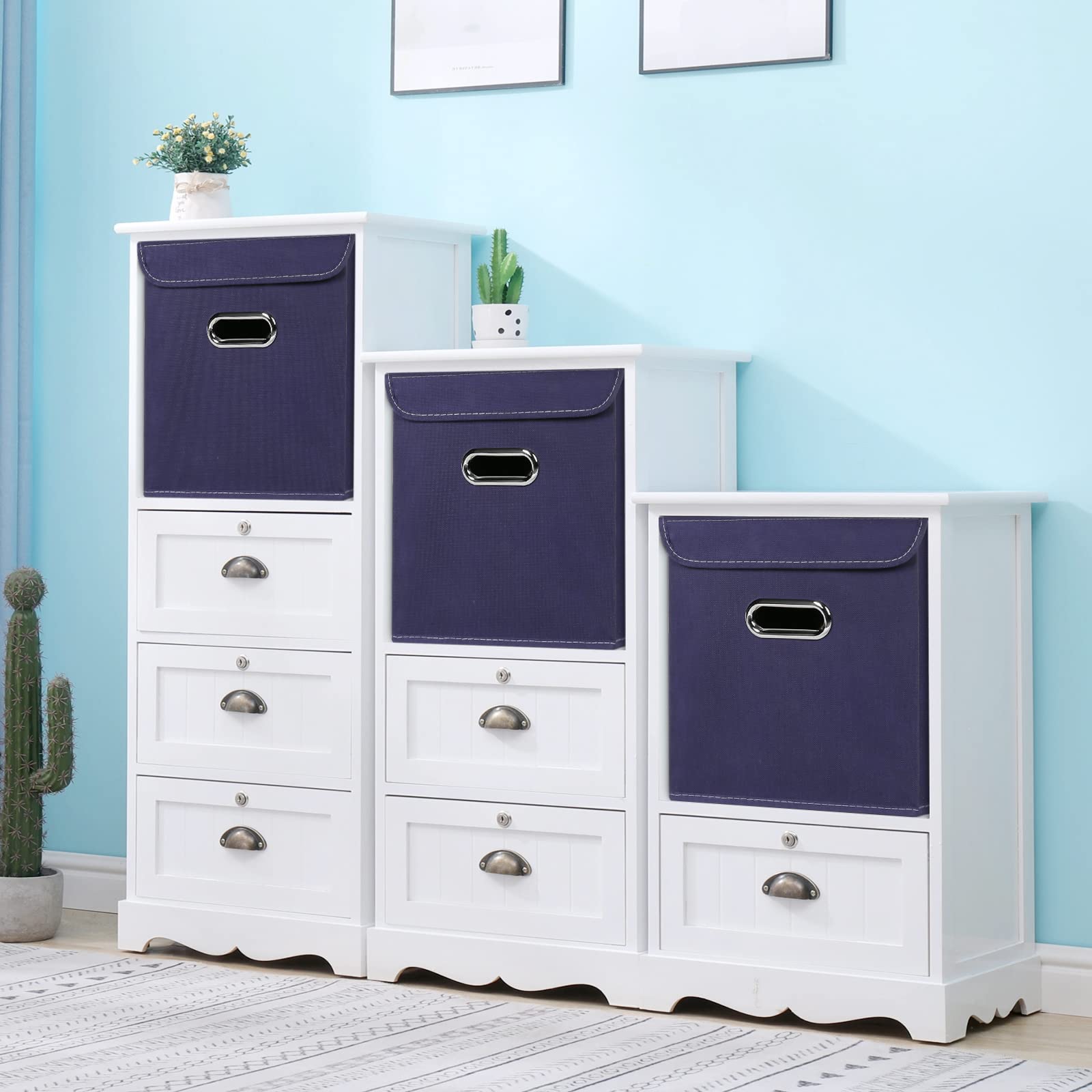STOREONE Foldable Storage Bins Cubes Storage Organizer With Lid,Fabric Cube Storage Box With Handle,For Home Bedroom Office,Closet, Clothes, Toys,3 Pack,(Navy Blue