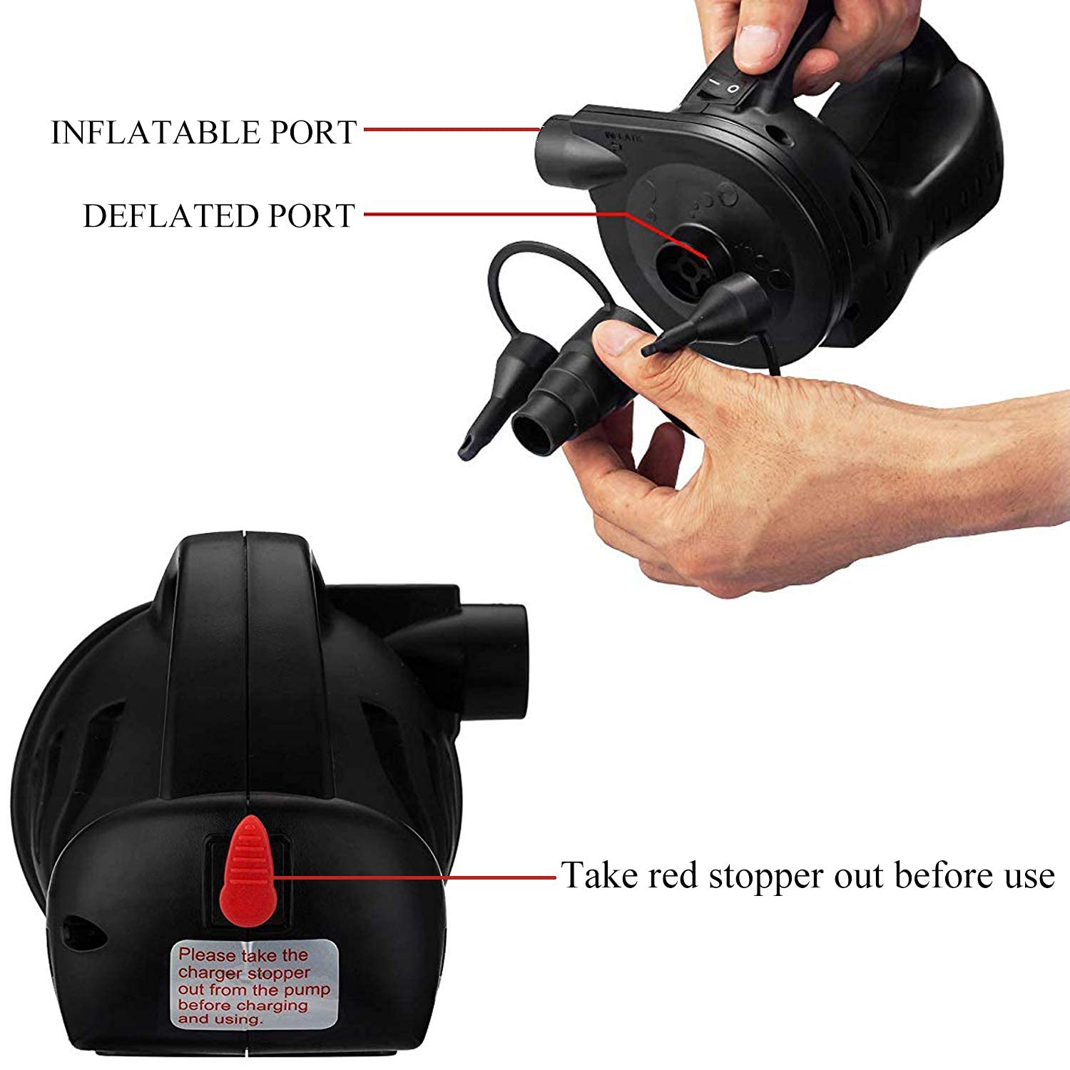 sanipoe Rechargeable Electric Air Mattress Pump, Portable Quick-Fill Inflator Deflator for Blow Up Pool Raft Bed Boat with Charging Function, Black