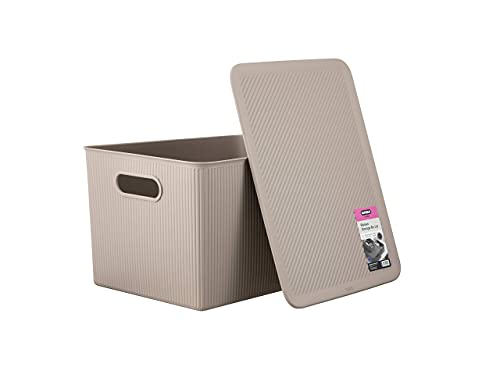 Superio Ribbed Collection - Decorative Plastic Lidded Home Storage Bins Organizer Baskets, X-Large Taupe (1 Pack - 22 Liter) Stackable Container Box, for Organizing Closet Shelves Drawer Shelf