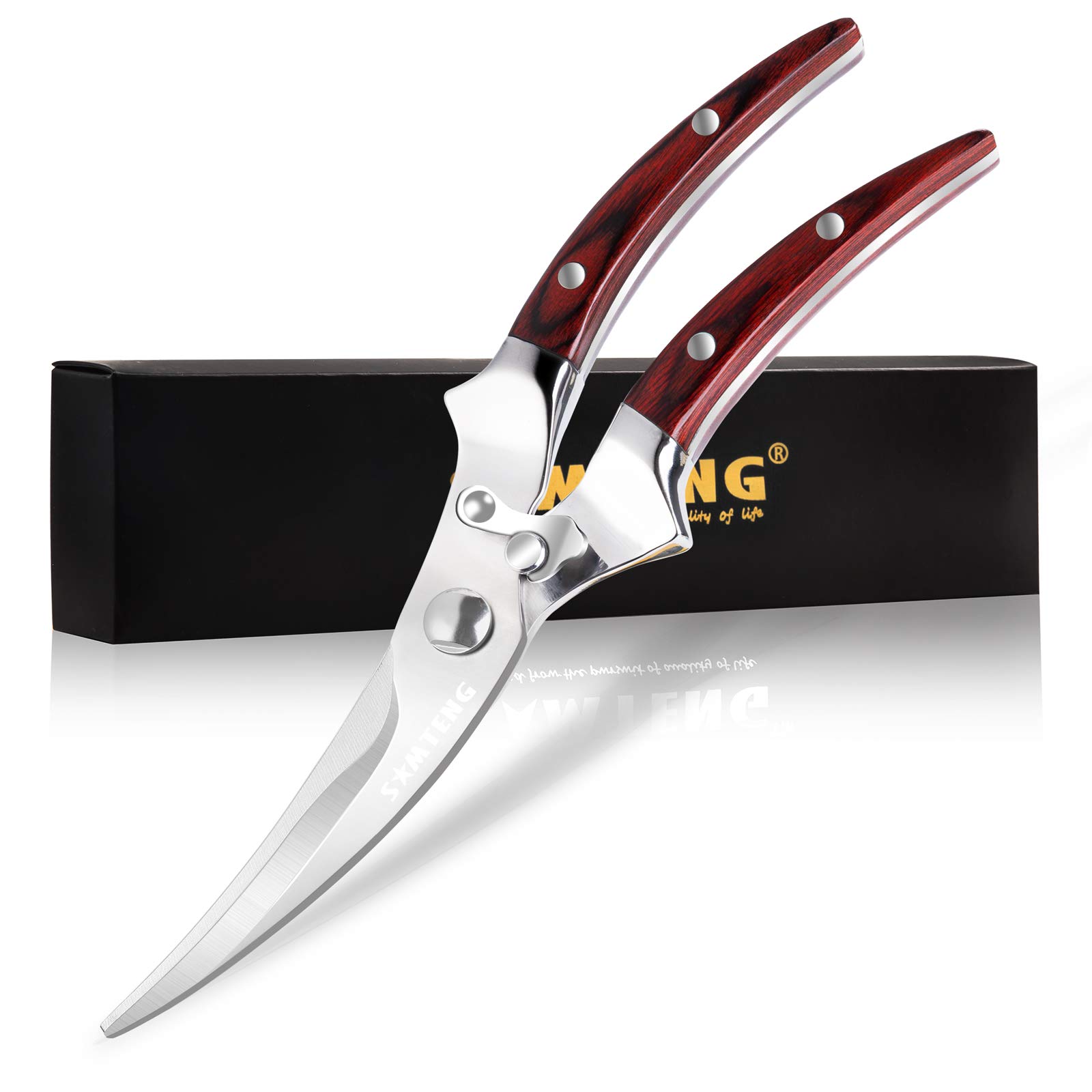 SMTENG sharp Poultry Shears,Good Grips Spring Loaded Poultry Scissors, Heavy Duty Kitchen Shears For Meat, Poultry & More, Multipurpose Kitchen Scissors with Pakka wood ox horn handle