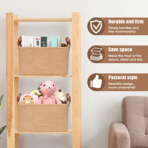 Sarmyarc 2 pieces of fabric storage bins, foldable jute woven storage basket with leather handle for easy access, storage bins for organizing closets, shelves and living rooms.