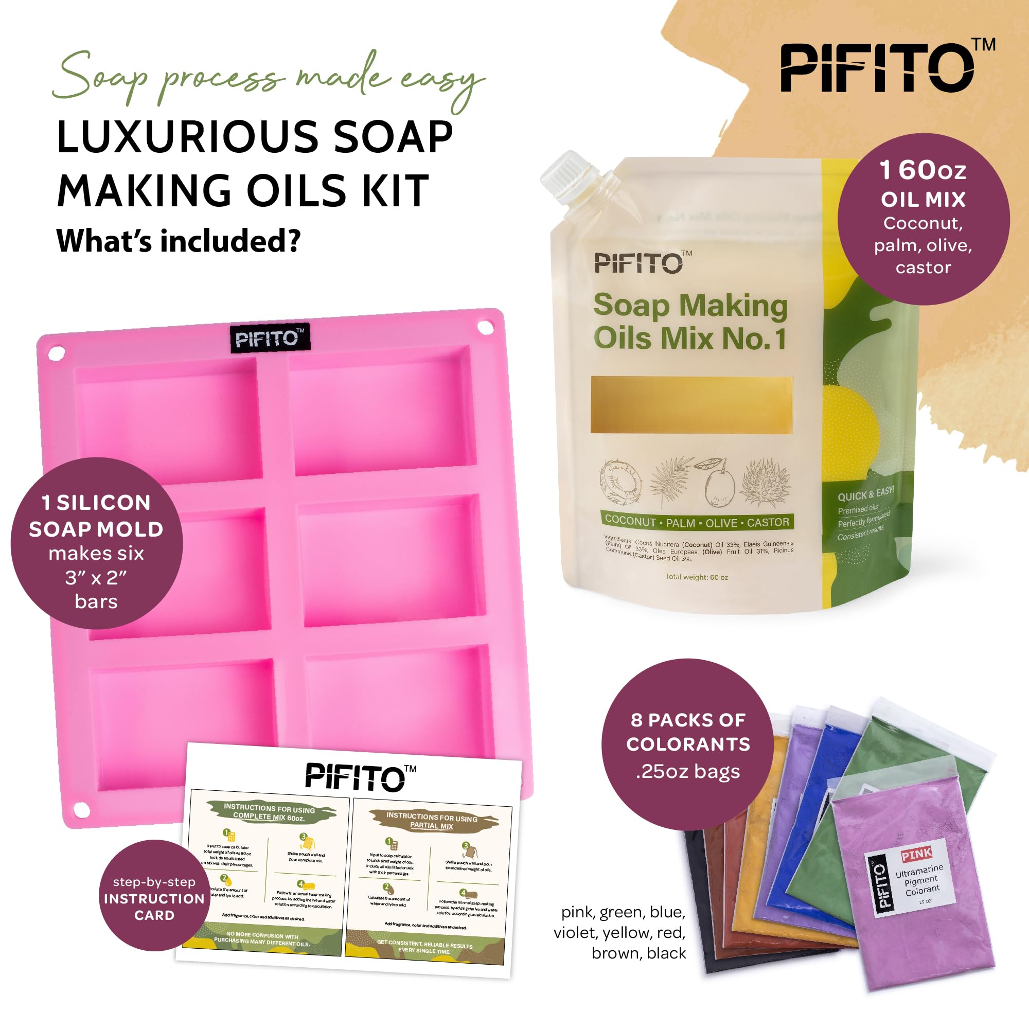 Pifito Cold Process Soap Making Kit β Oils Mix No. 1 60 Oz Blend of Pre-Measured Oils, 8-Pack Colorants Sampler, Mold and Instructions. DIY Soap Making Supplies