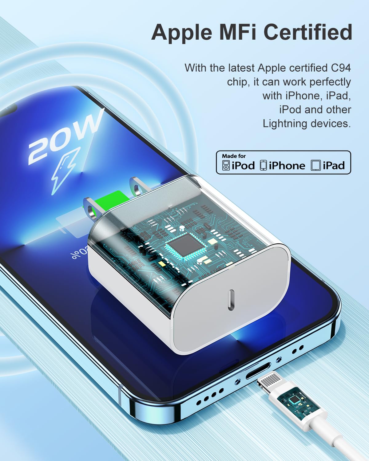 Susnwere iPhone 14 13 12 Charger Fast Charging, 2 Pack 20W Fast PD USB C Wall Charger Adapter with 3Pack 6Ft USB C to Lightning Cable (MFi Certified) for 14/14 Plus/14 Pro/14 Pro Max/13/ White