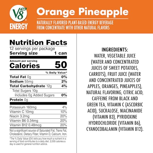V8 +ENERGY Orange Pineapple Energy Drink, Made with Real Vegetable and Fruit Juices, 8 FL OZ Can (12 Pack)
