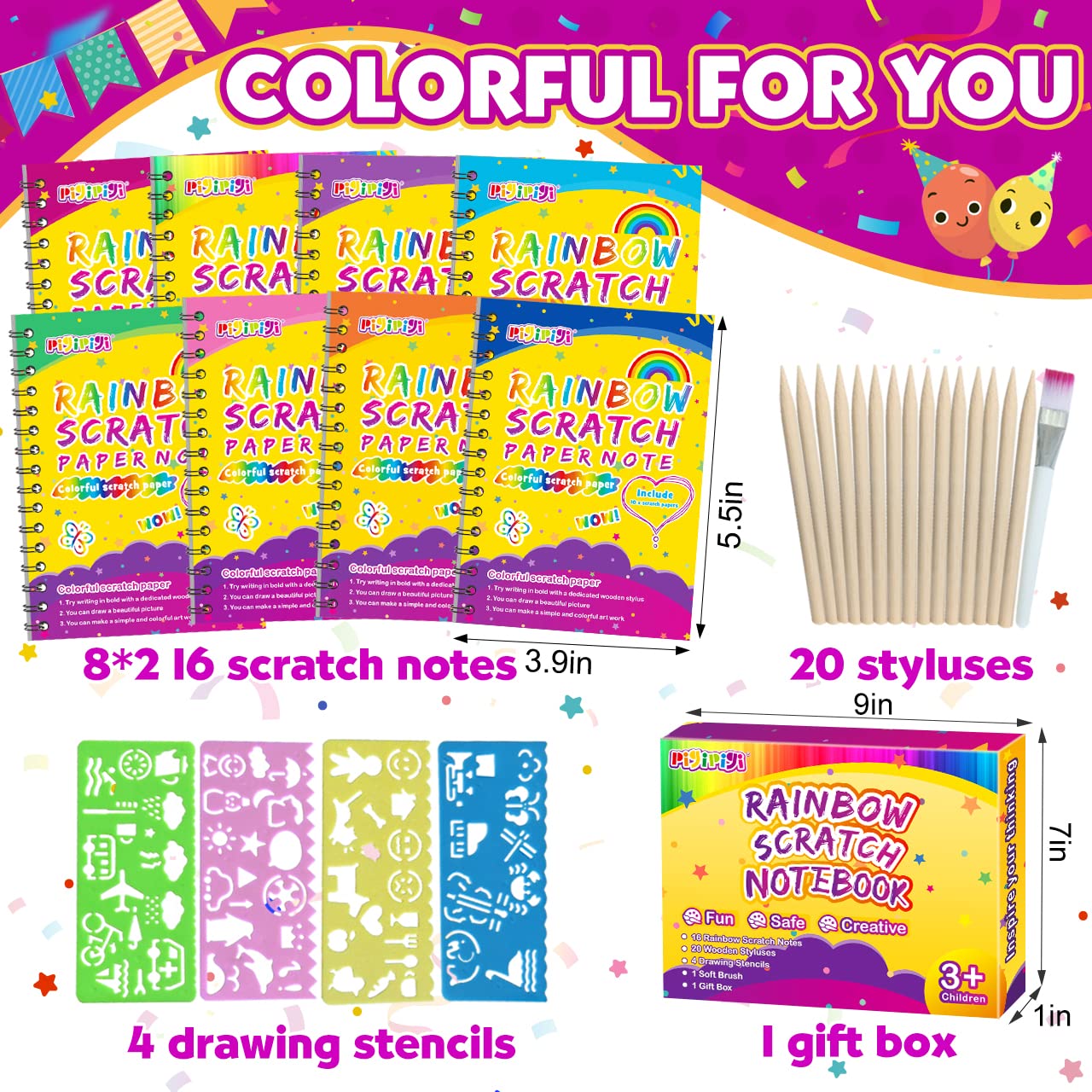 pigipigi Scratch Paper Party Favor: 16 Pack Rainbow Scratch Notebook Kids Art Craft Supplies Birthday Gift for Girls Boys Age 3 4 5 6 7 8 9 10 Years Old Toy Activity Fun Easter Project Drawing Kit