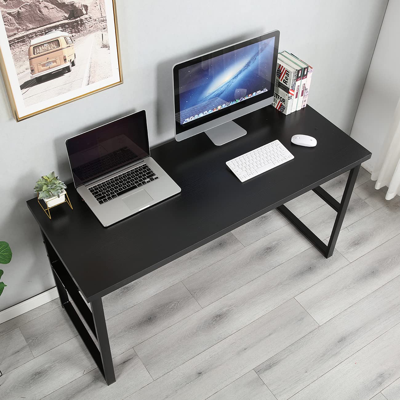soges 54.7 inches Computer Desk Office Table Study Writing Desk with Bookshelf Storage Desk Home Office Desk Black LD-JB-01BW
