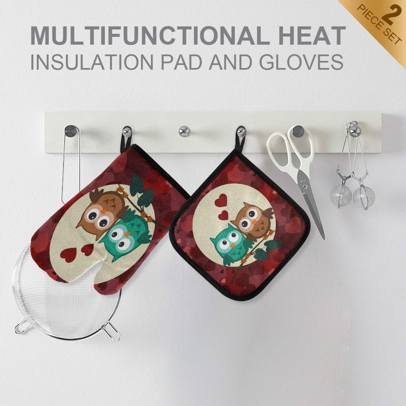 Valentines Day Owls Oven Mitts and Pot Holders Sets Red Mothers Day Heat Resistant Hot Pads Cooking Gloves Handling Kitchen Cookware Bakeware BBQ