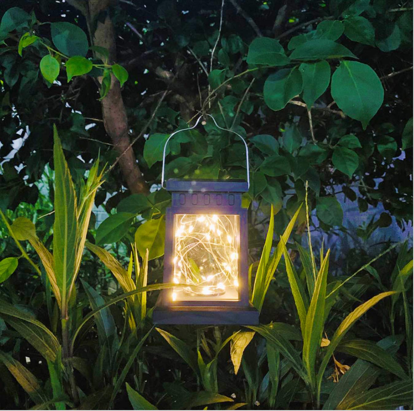 Solar Hanging Lanterns with Shepherd Hook, 2 Pack Decorative Outdoor Garden Hanging Light, IP44 Waterproof Copper Wire Lamp for Garden, Lawn, Yard, Path, Entrance Decoration (Copper Wire)