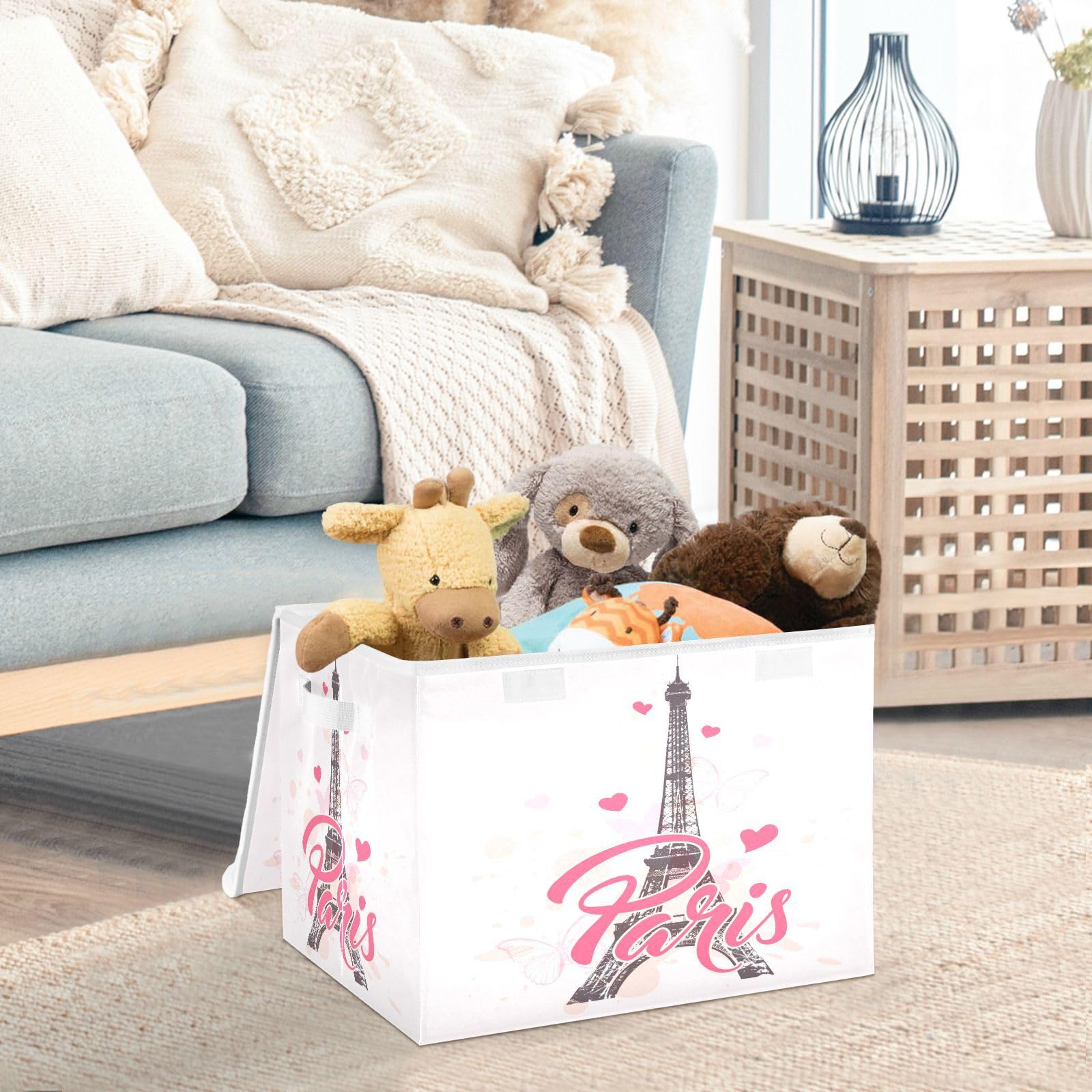 SUABO Paris Eiffel Tower Storage Bin with Lid, Pink Large Oxford Cloth Butterfly Love Storage Boxes Foldable Home Cube Baskets Closet Organizers for Nursery Bedroom Office
