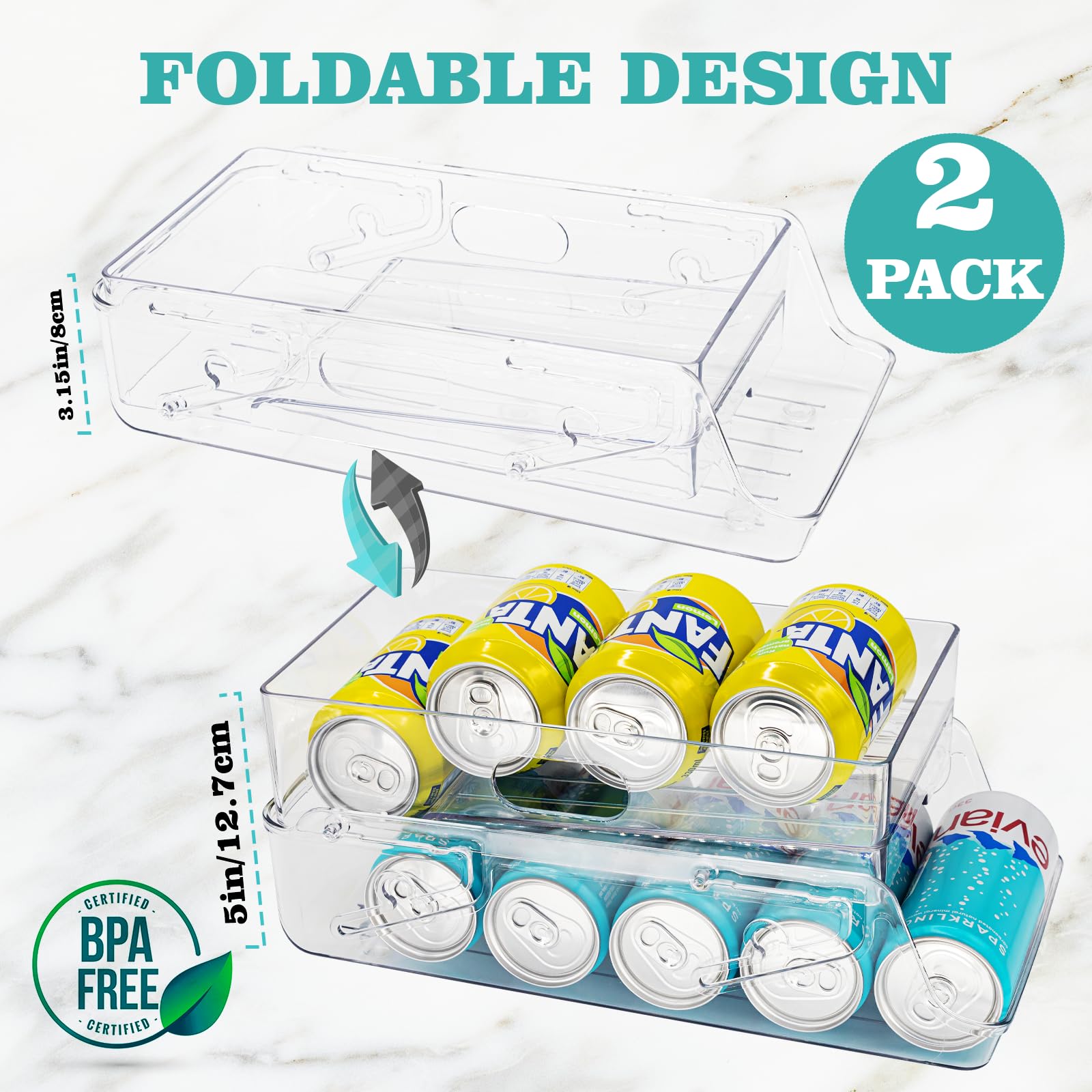 SCAVATA 2 Pack Rolling Soda Can Organizer for Refrigerator, Double-Layer Beverage Can Holder Storage Dispenser for Fridge Rack Freezer, Clear Plastic Beer Storage Canned Food Pop Cans Container