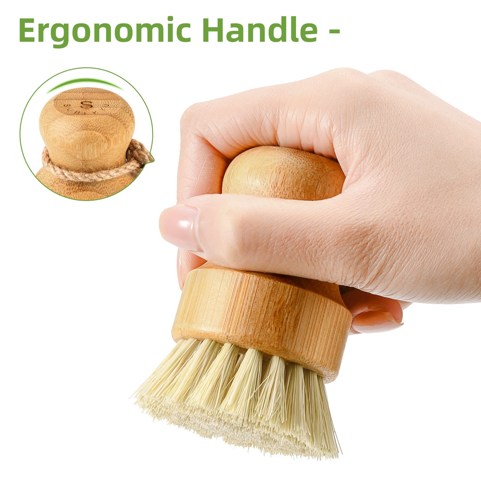 SUBEKYU Bamboo Dish Scrub Brushes, Bubble Up Bamboo Dish Brush Set with Brush Tray, Kitchen Wooden Cleaning Scrubbers Set for Washing Cast Iron Pan/Pot, Natural Sisal +Coconut Palbristles, Set of 2