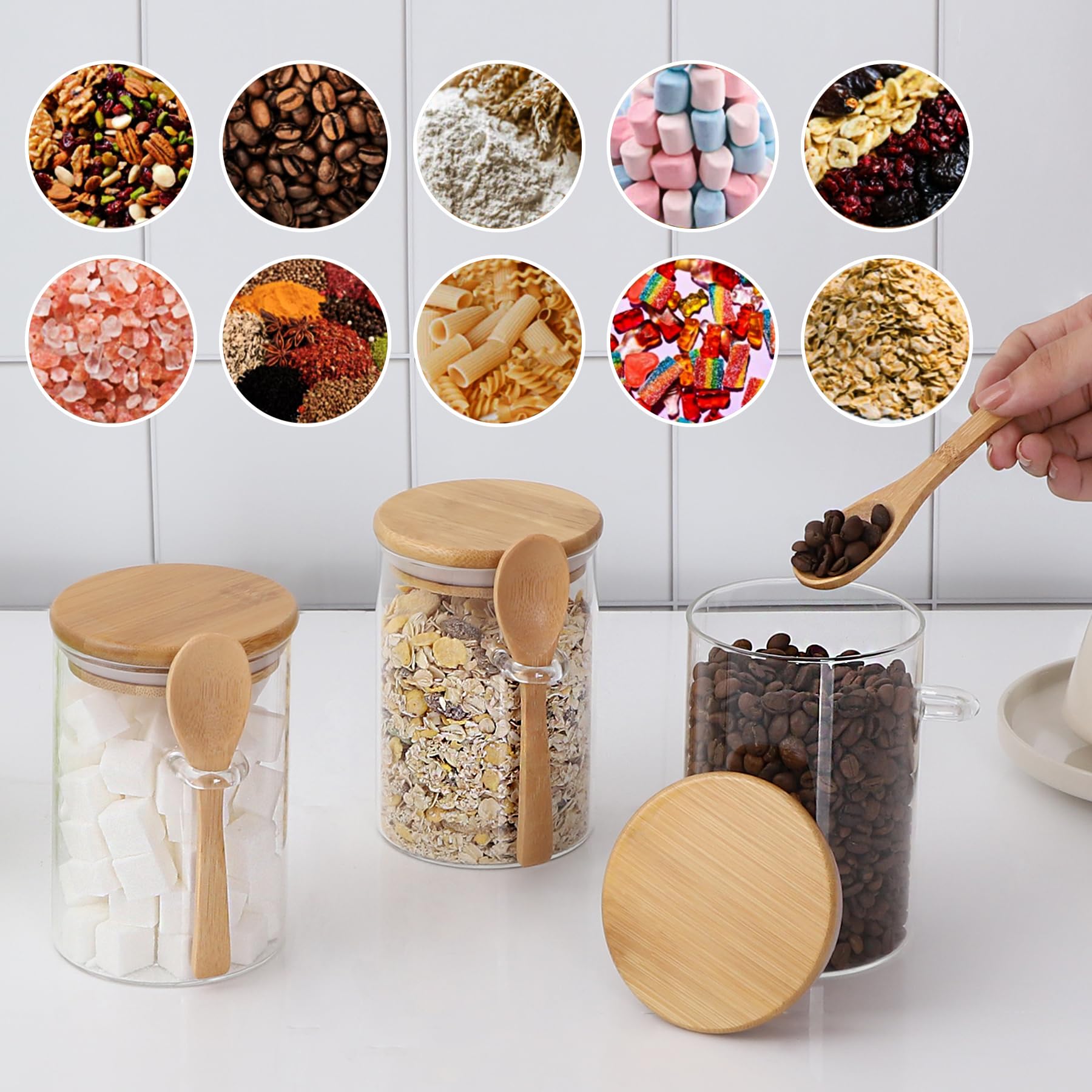 Sugar Jar Bath Salt Container β 17 oz Glass Jar with Bamboo Lid and Spoon, Sugar Cube Holder and Canister for Countertop, Glass Containers for Coffee Beans, Tea and Overnight Oats (4 Pack)
