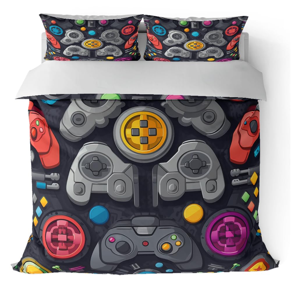 Placitiume Gaming Bedding Set for Kids - Gamer Microfiber Comforter Cover Set Video Game Controller Gamepad Design Quilt Cover Set with 2 Pillow Shams, No Comforter