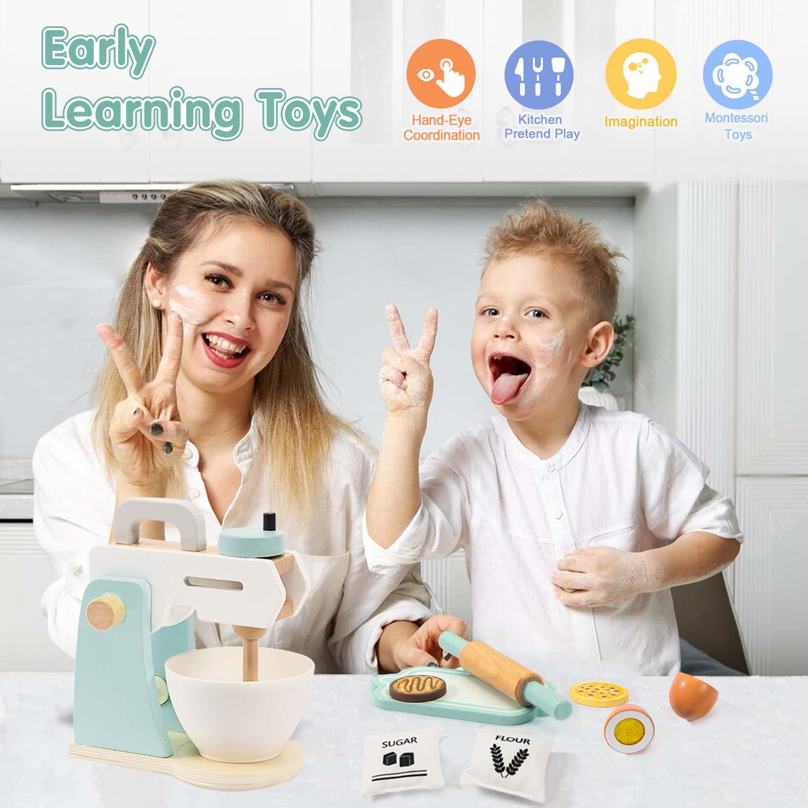 Play Kitchen Accessories, Frogprin Wooden Toy Mixer Set, Pretend Play Food Sets for Kids Kitchen - includes Extra Egg, Rolling Pin, Cookies, Sugar, Flour