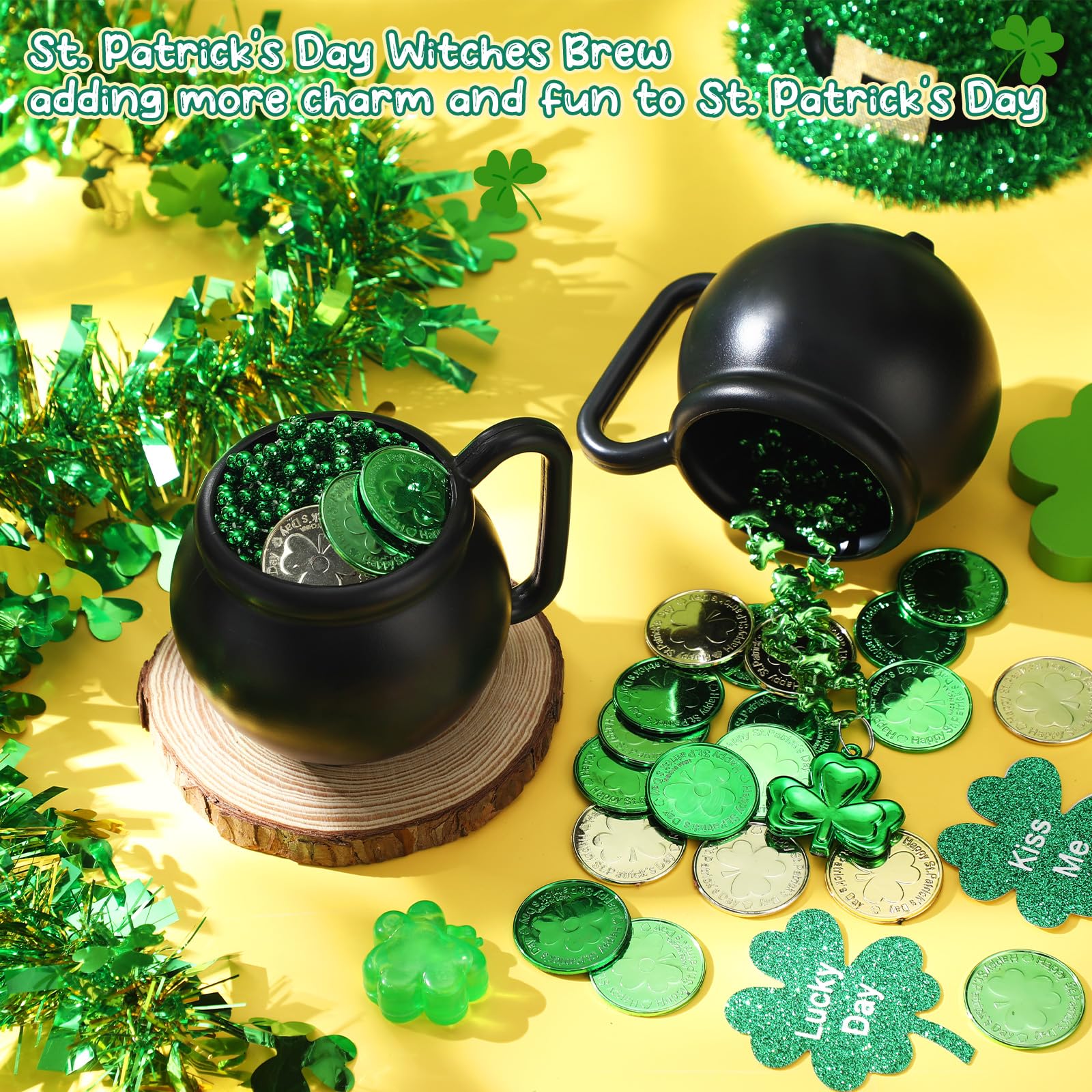 Uiifan 12 Pcs 15 oz St. Patrick's Day Cauldron Cups Cauldron Pot Cups for Drinks Plastic St Patricks Day Cauldron Mug for Party Gift Supplies (Black)