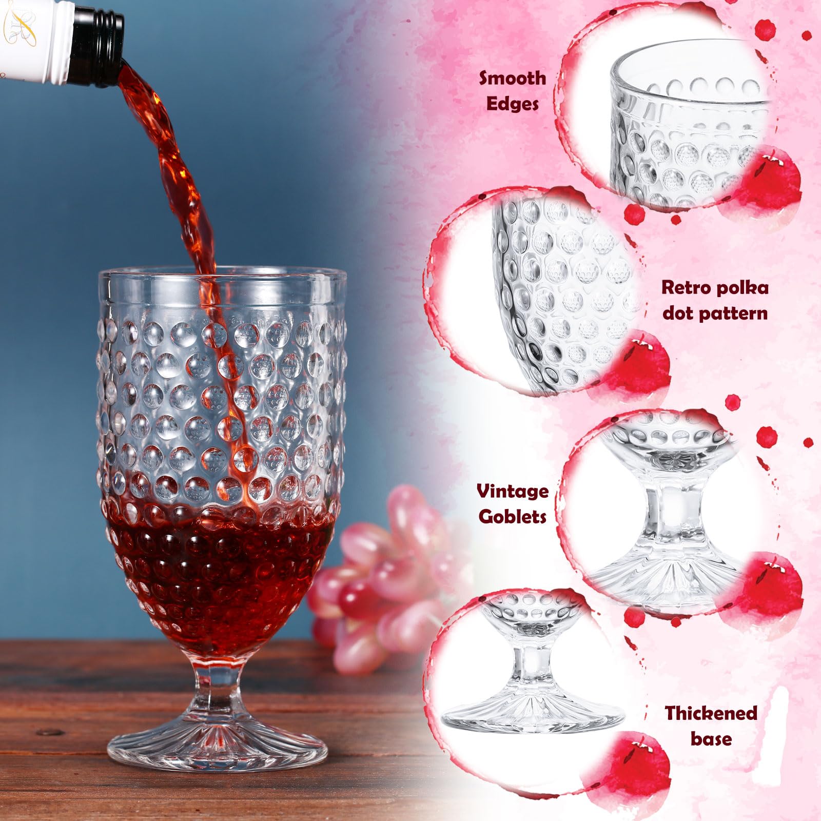 Uiifan 12 Pcs Glass Vintage Goblets 16 oz Large Capacity Polka Dot Embossed Goblets for Wine Juice Glasses Champagne Glasses Party Wedding Bar Supplies