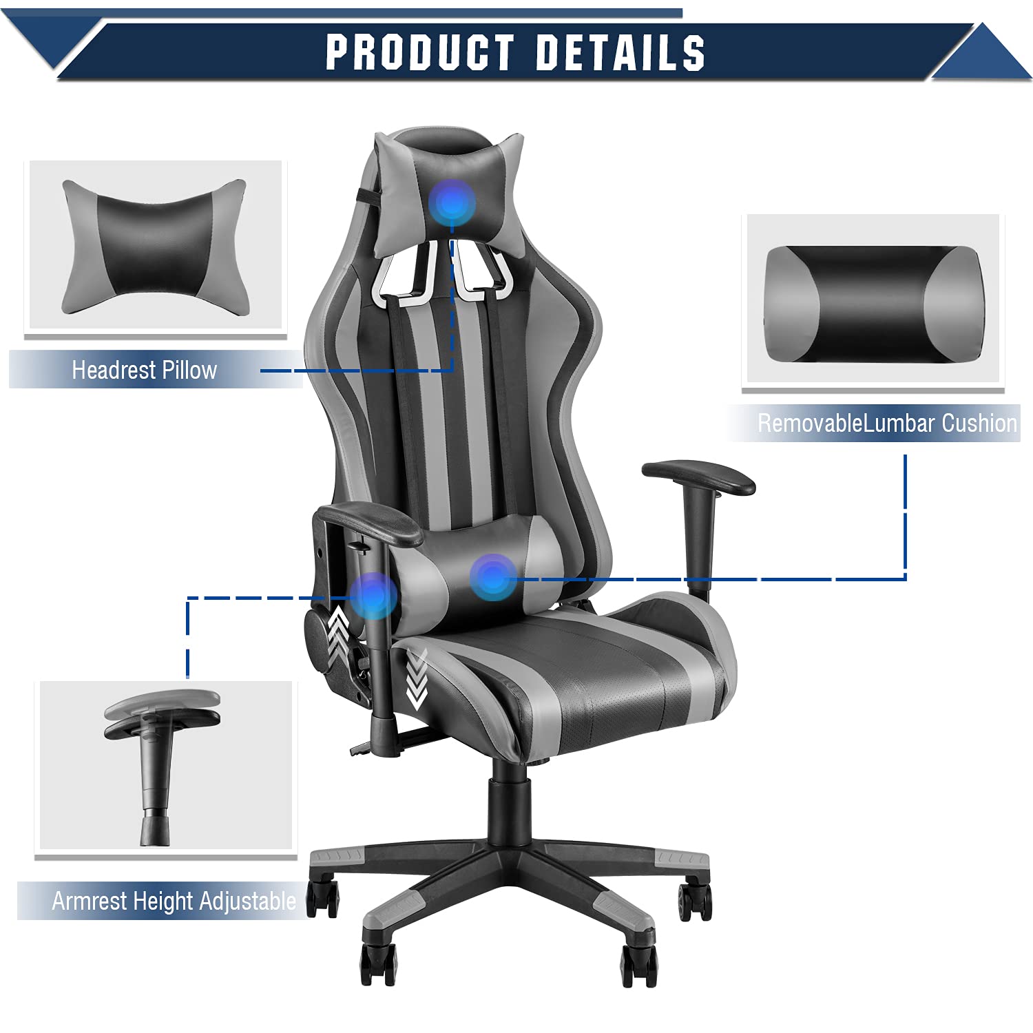 Soontrans Reclining Home Office Chair,Ergonomic Computer Chair,Executive Swivel Task Chair,Racing Gaming Chair with Adjustable Recliner Armrest Headrest and Lumbar Pillow Support (Gray)