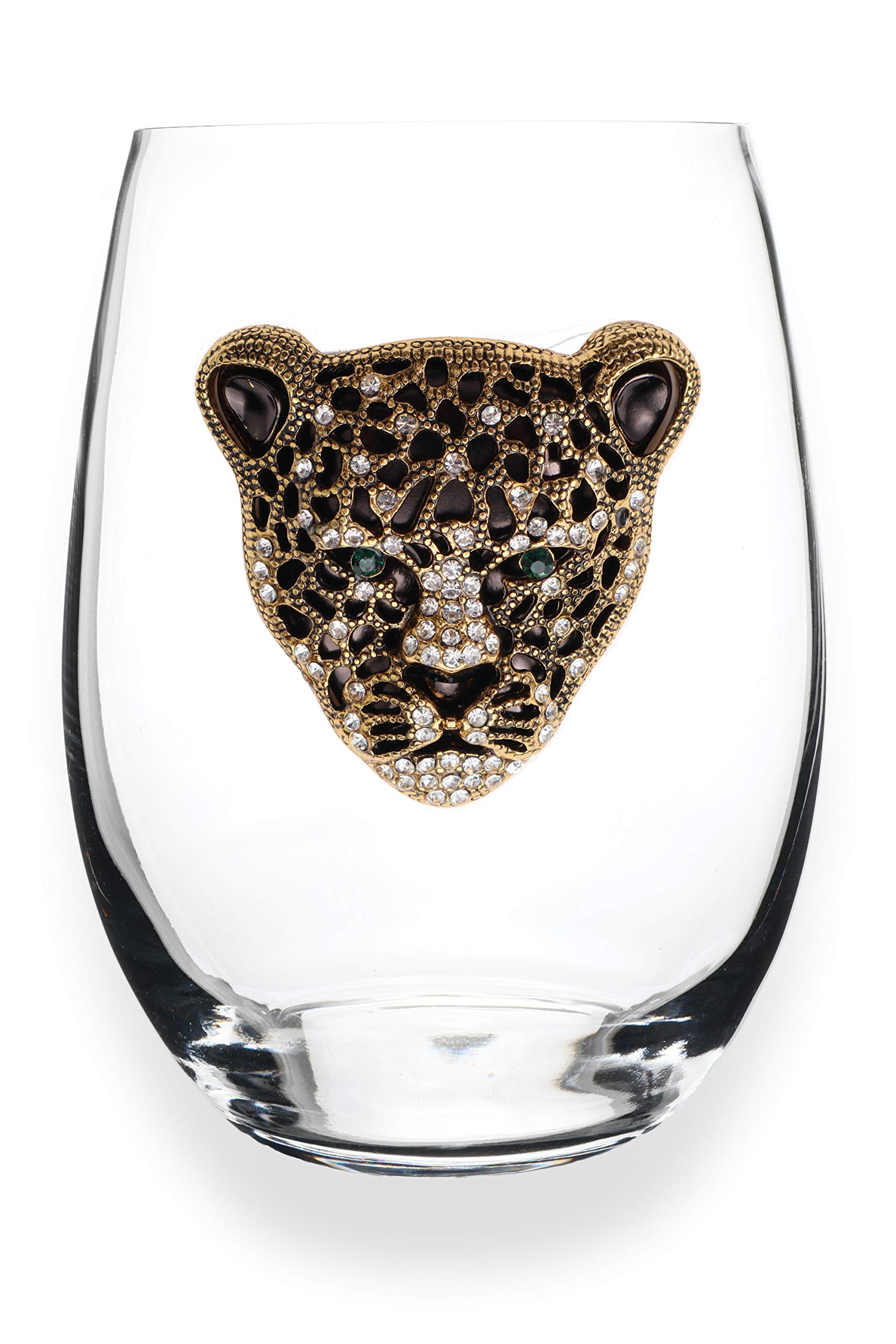 THE QUEENS' JEWELS Gold Leopard Jeweled Stemless Wine Glass, 21 oz. - Unique Gift for Women, Birthday, Cute, Fun, Not Painted, Decorated, Bling, Bedazzled, Rhinestone