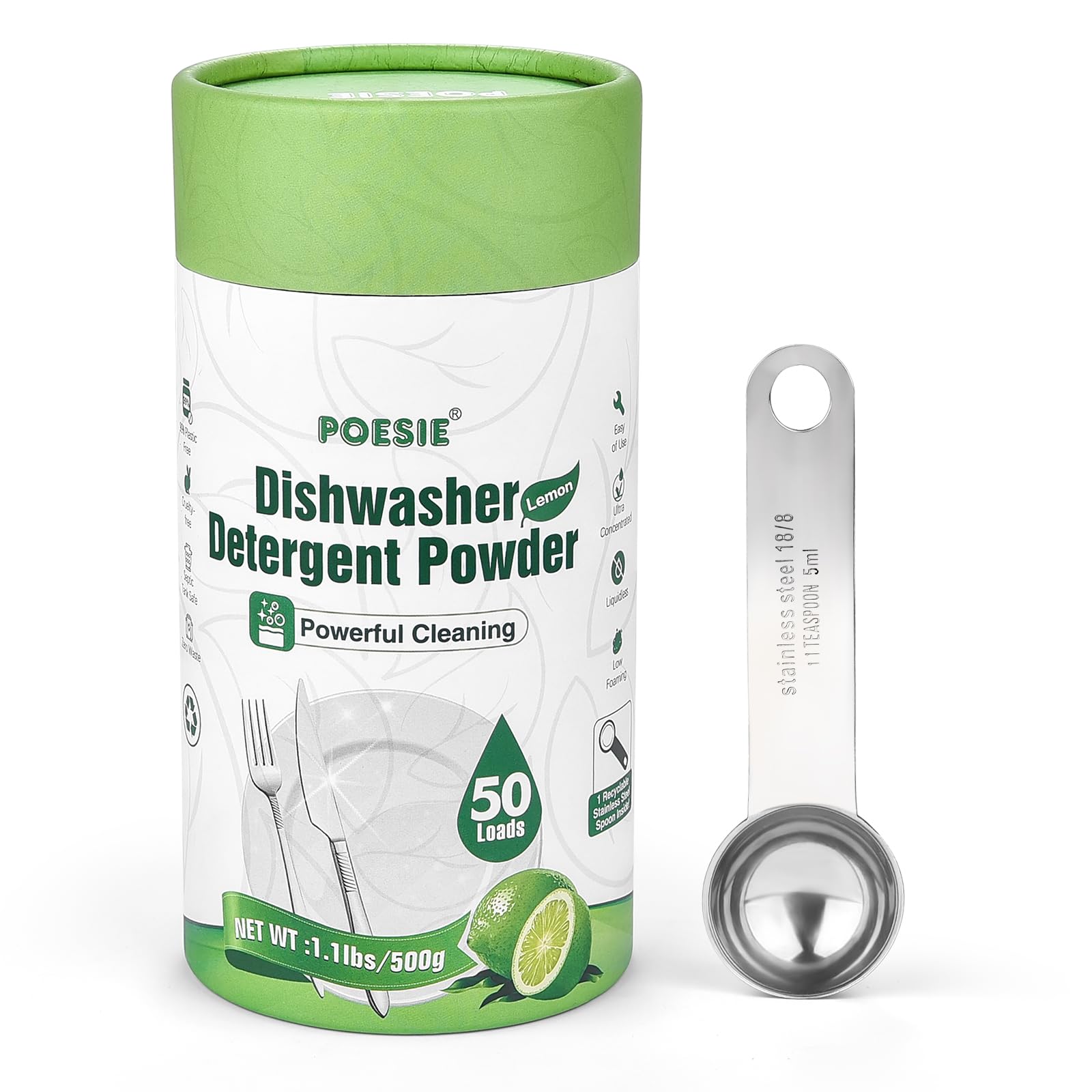 Poesie Upgraded Dishwasher Detergent Powder Lemon Scent 50 Loads, 1.1lbs, Ultra Concentrated, Zero Waste, Easy to Use, Sparkling Clean Dishes Every Time