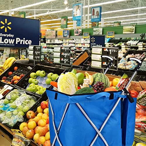 Supenice Folding Grocery Shopping Cart Rolling Utility Cart with 360° Double Front Swivel Wheels Waterproof Removable Canvas Bag with Cover for Laundry Grocery, Shopping, Baggage, Picnic (Blue)