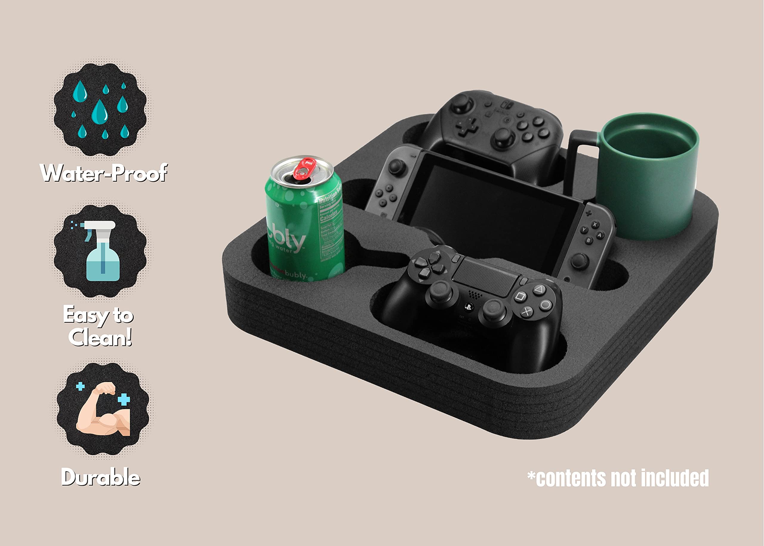 Polar Whale Couch Drink Holder Refreshment Tray for Sofa Bed Floor Car RV Lounge TV Room Durable Black Foam 5 Compartments with 2 Game Controller Slots 13.75 Inches Wide