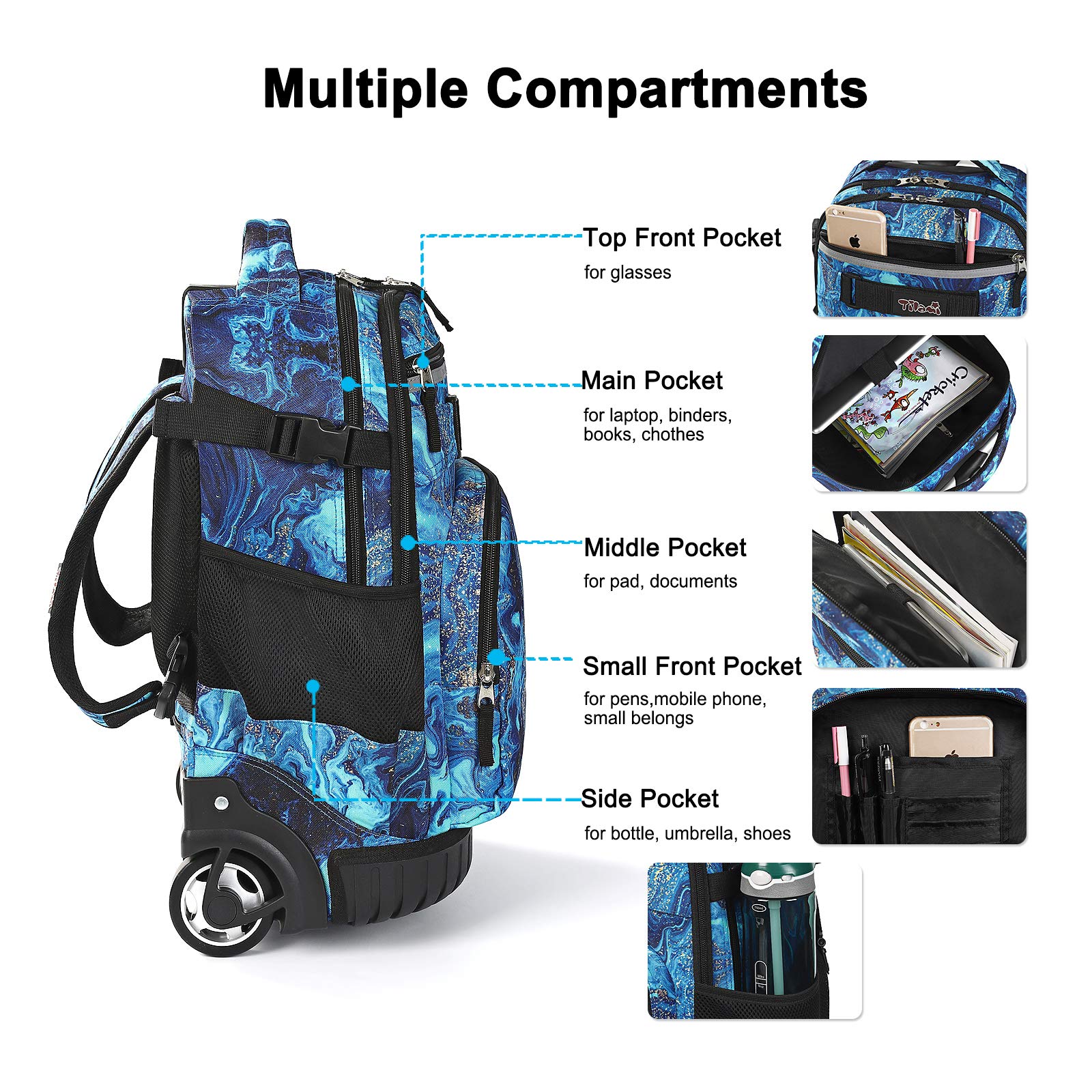 Tilami Rolling Backpack 18 inch Wheeled Backpack School College Student Travel Trip Boys and Girls