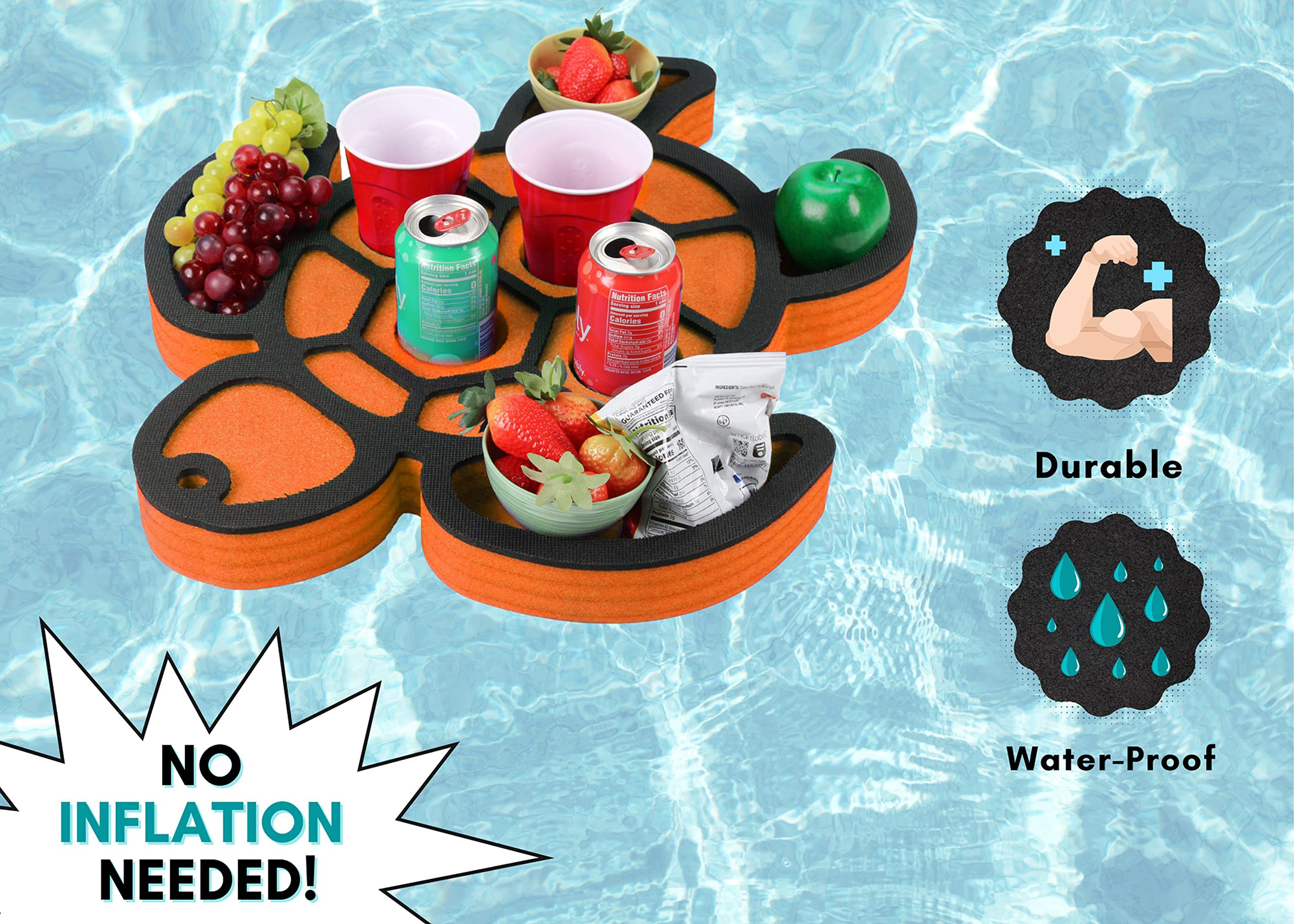 Polar Whale Floating Sea Turtle Drink Holder Orange and Black Refreshment Table Tray for Pool or Beach Party Float Lounge Durable Foam 8 Compartment with Cup Holders 2 Feet