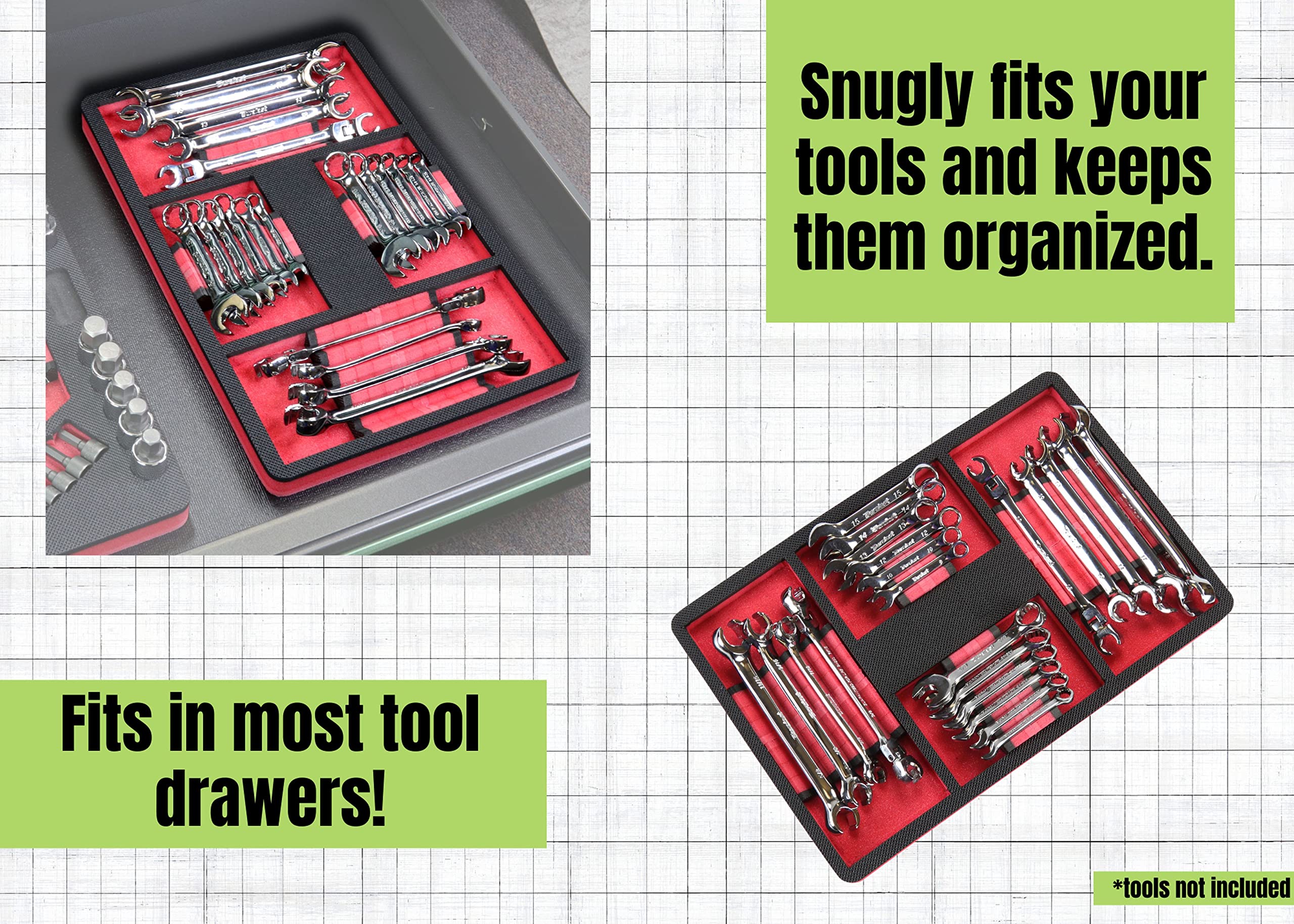 Polar Whale Tool Drawer Organizer Medium Wrench Holder Insert Red and Black Durable Foam Strong Tray 15 x 10 Inches Fits Duralast and Many Others