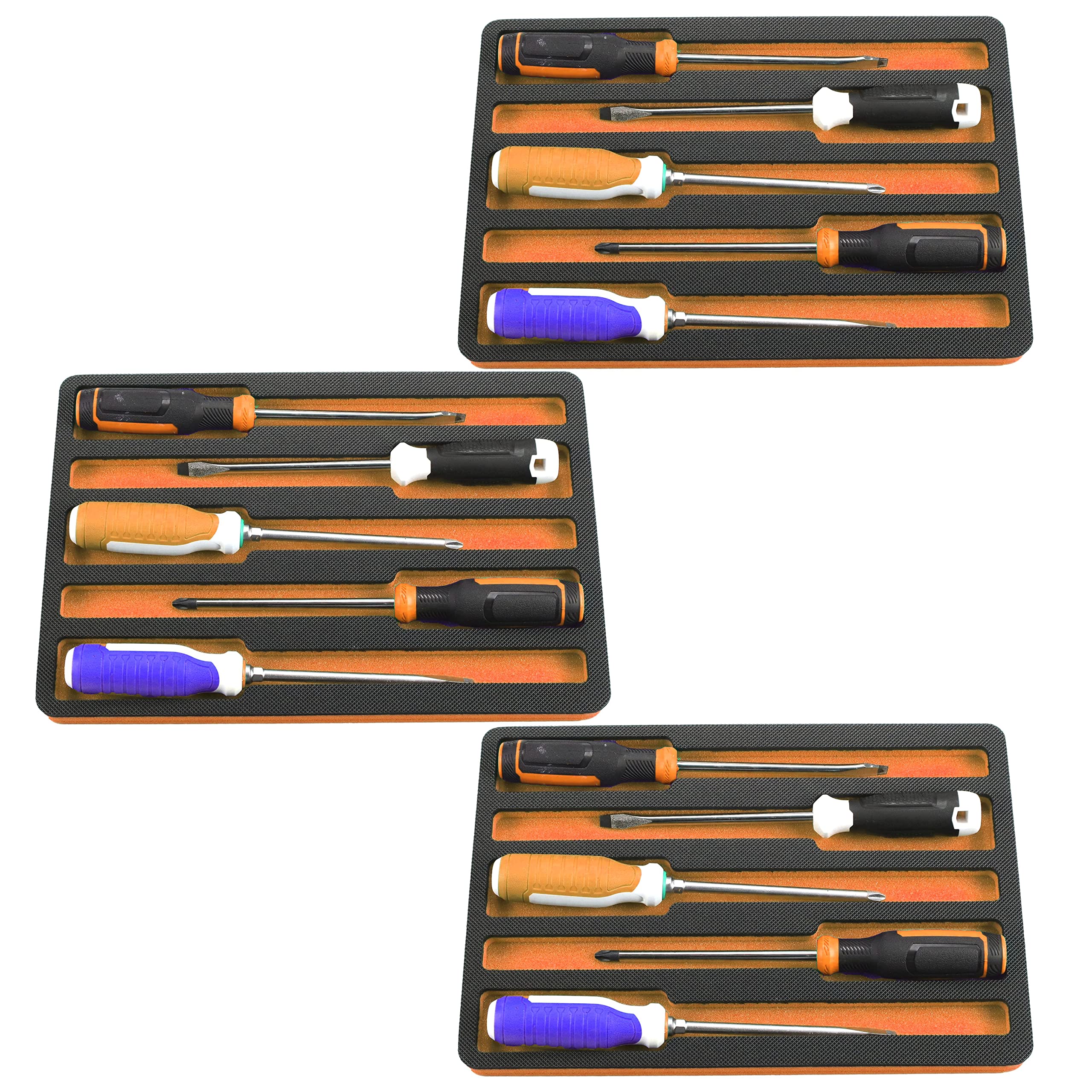 Polar Whale Tool Drawer Organizer 3-Piece Screwdriver Insert Set Orange and Black Durable Foam Holds Many Tools 15 x 10 Inch Trays Fits Craftsman Husky Kobalt Milwaukee Many Others