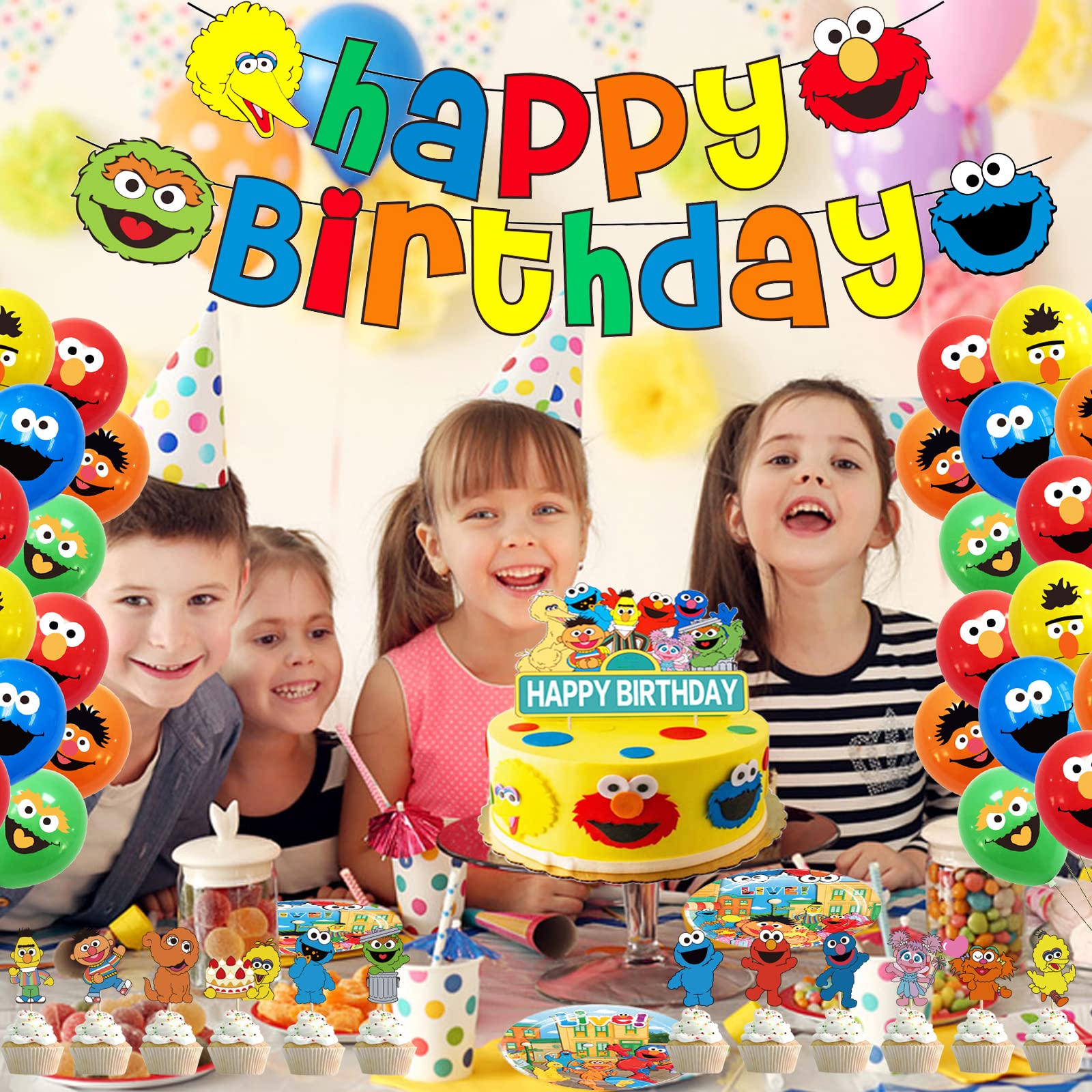 Sēsame Strēet Birthday Decorations for Birthday Party, Include Banners, Backdrop, Cake Topper, Tablecloth, Paper Plates, Cupcake toppers, Balloons
